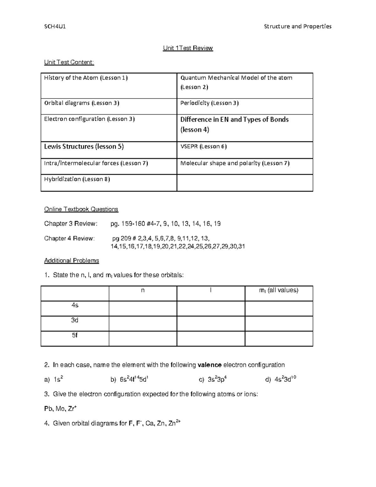 Unit 1 Review - chem - Unit 1Test Review Unit Test Content: History of ...