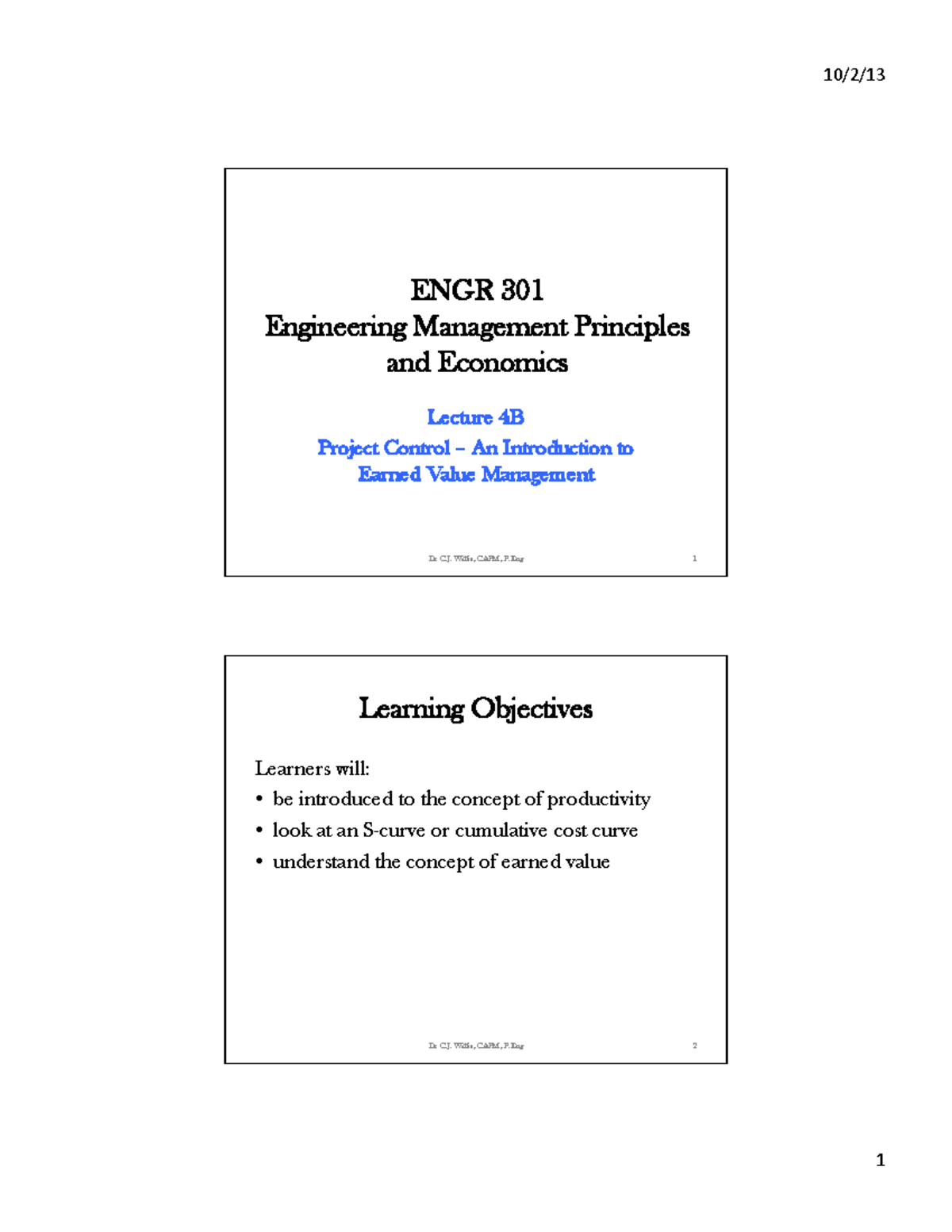 Lecture 4B Cost Control Updatedwithexercise - ENGR 301 Engineering Management Principles and ...