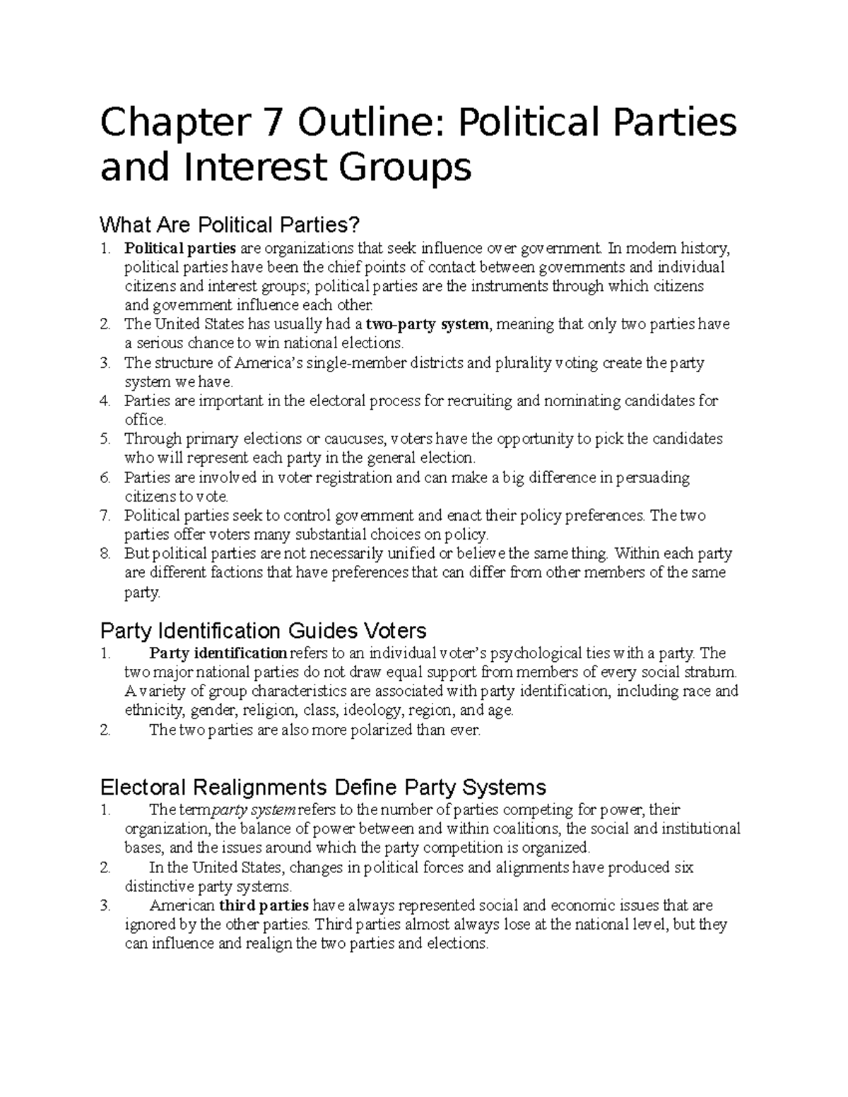 Chapter 7-9 outline - Notes. - Chapter 7 Outline: Political Parties and ...
