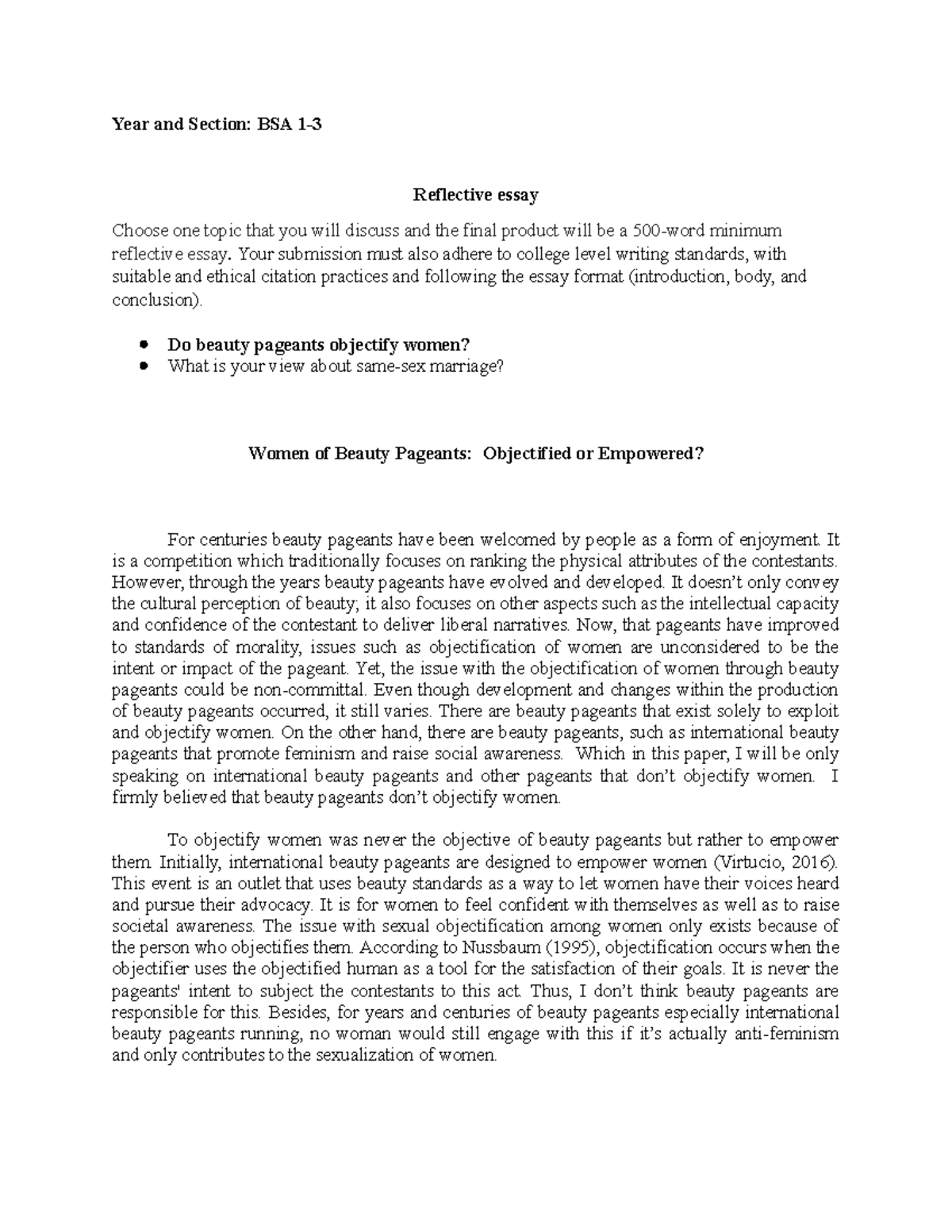 Does Pageant Objectify Women . Reflective Essay - Year and Section: BSA ...