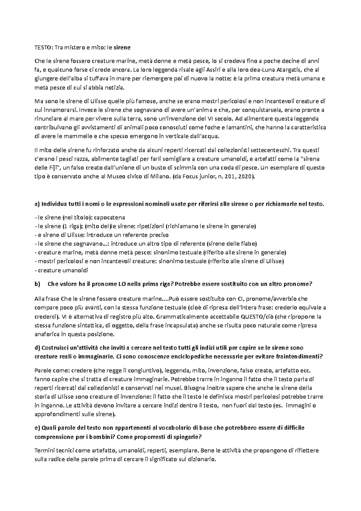 Esempio di Analisi del testo - TESTO: Tra mistero e mito: le sirene Che ...