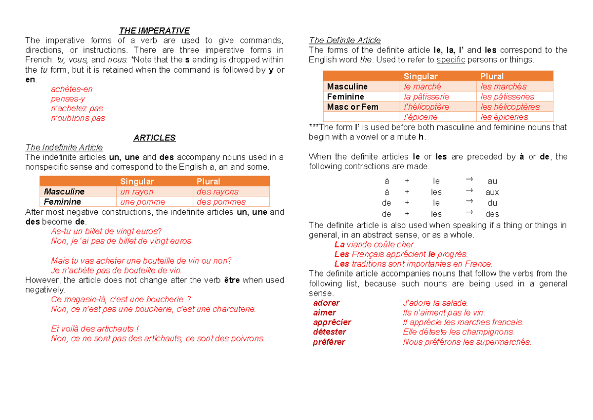 Semester One Notes - French grammar - THE IMPERATIVE The imperative ...
