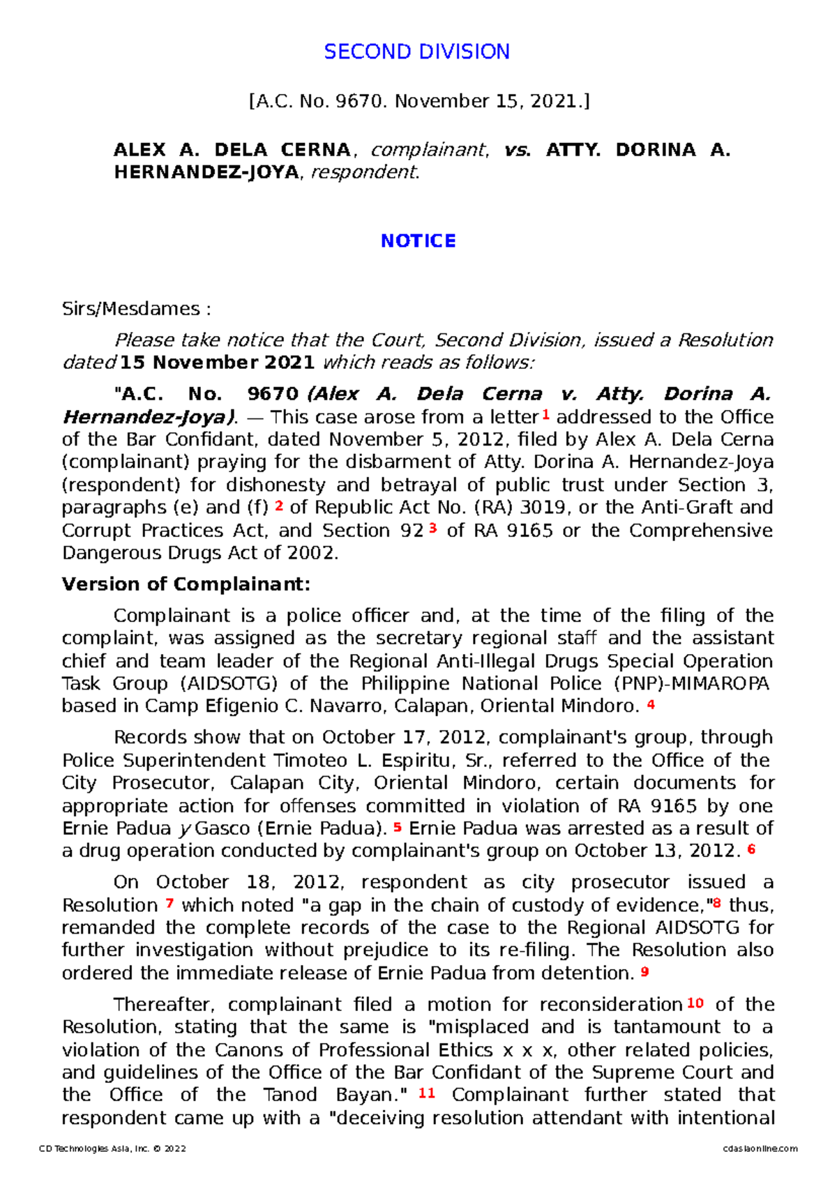 31 Dela Cerna v - SECOND DIVISION [A. No. 9670. November 15, 2021.] ALEX A. DELA CERNA , - Studocu
