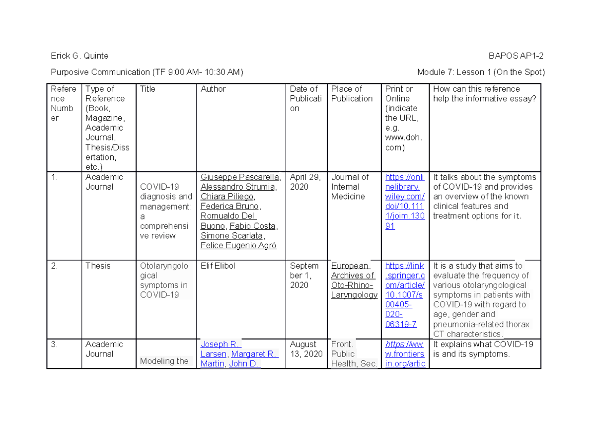 Erick G. Quinte (On the Spot) - Erick G. Quinte BAPOS AP1- Purposive ...