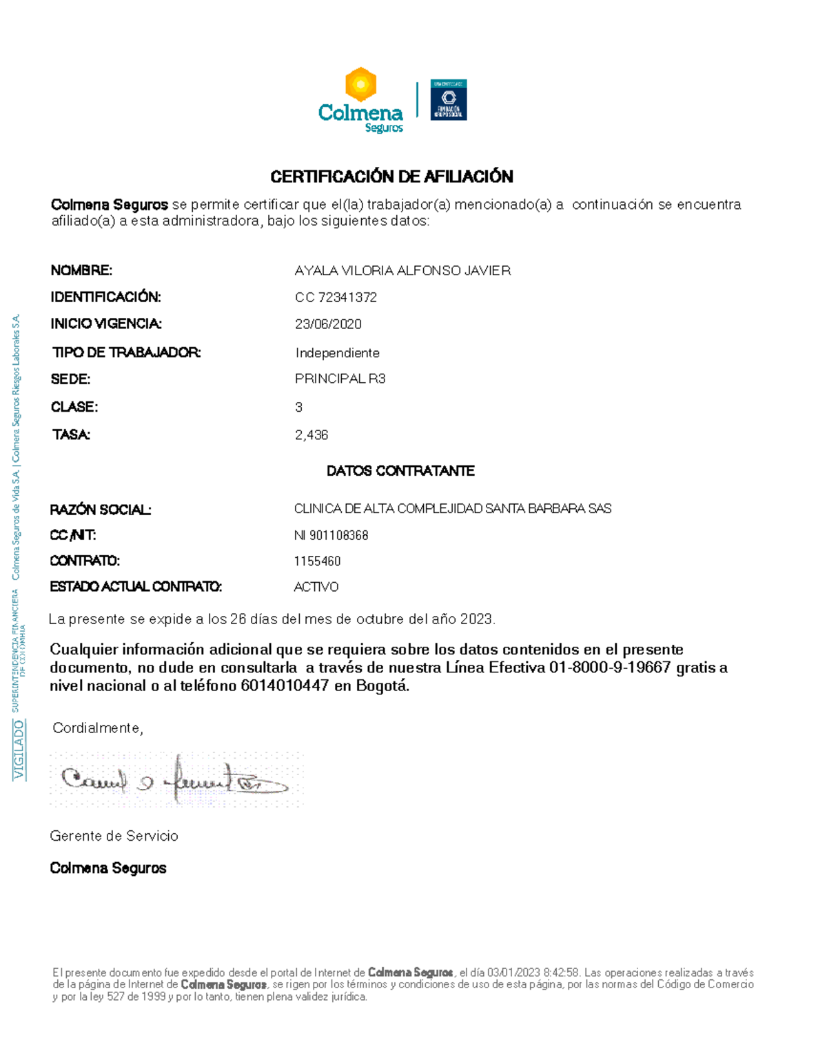 Constancia Afiliacion ARL colmena Alfonso Ayala Cardiologo Pediatra (1 ...