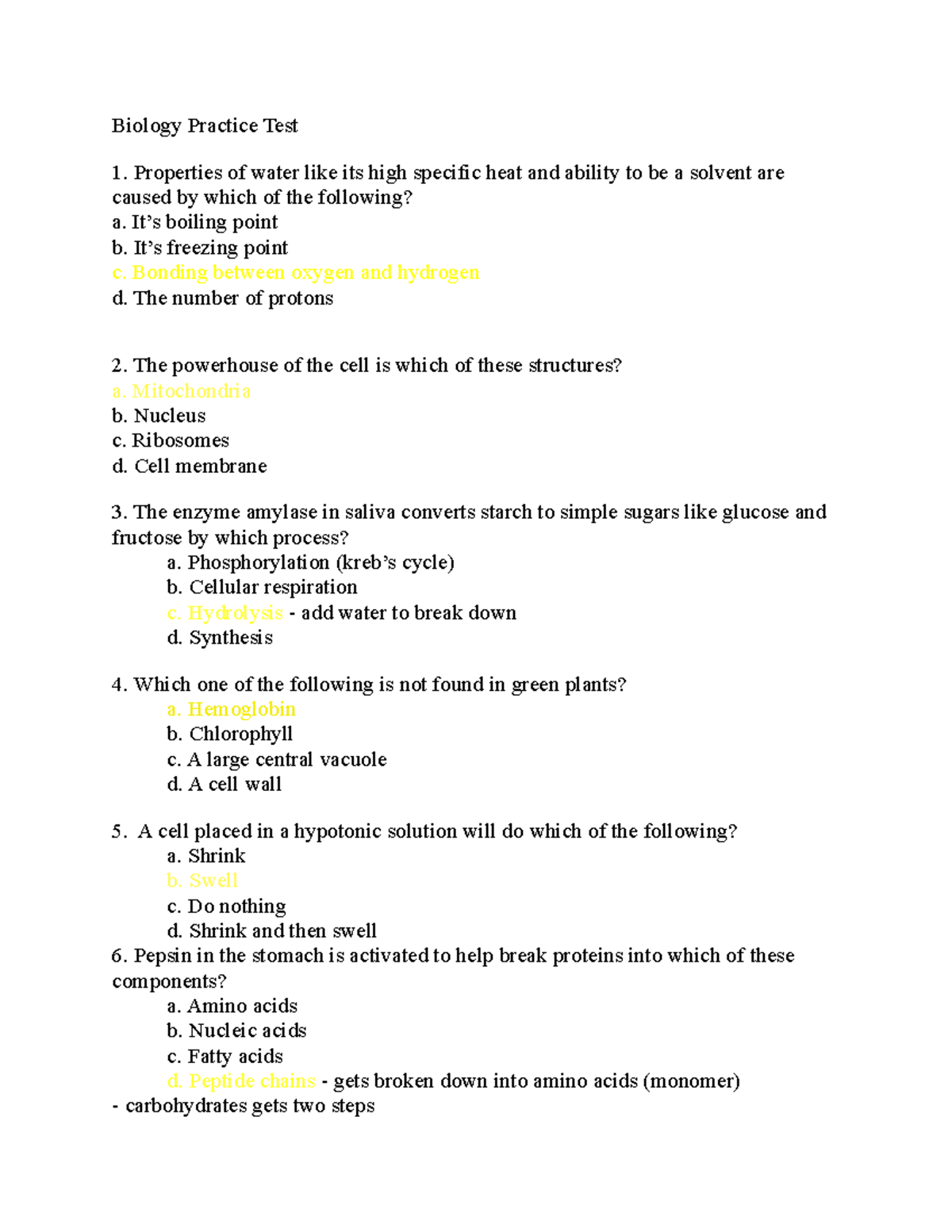 Biology+Practice+Test+H25Q - Biology Practice Test Properties of water ...