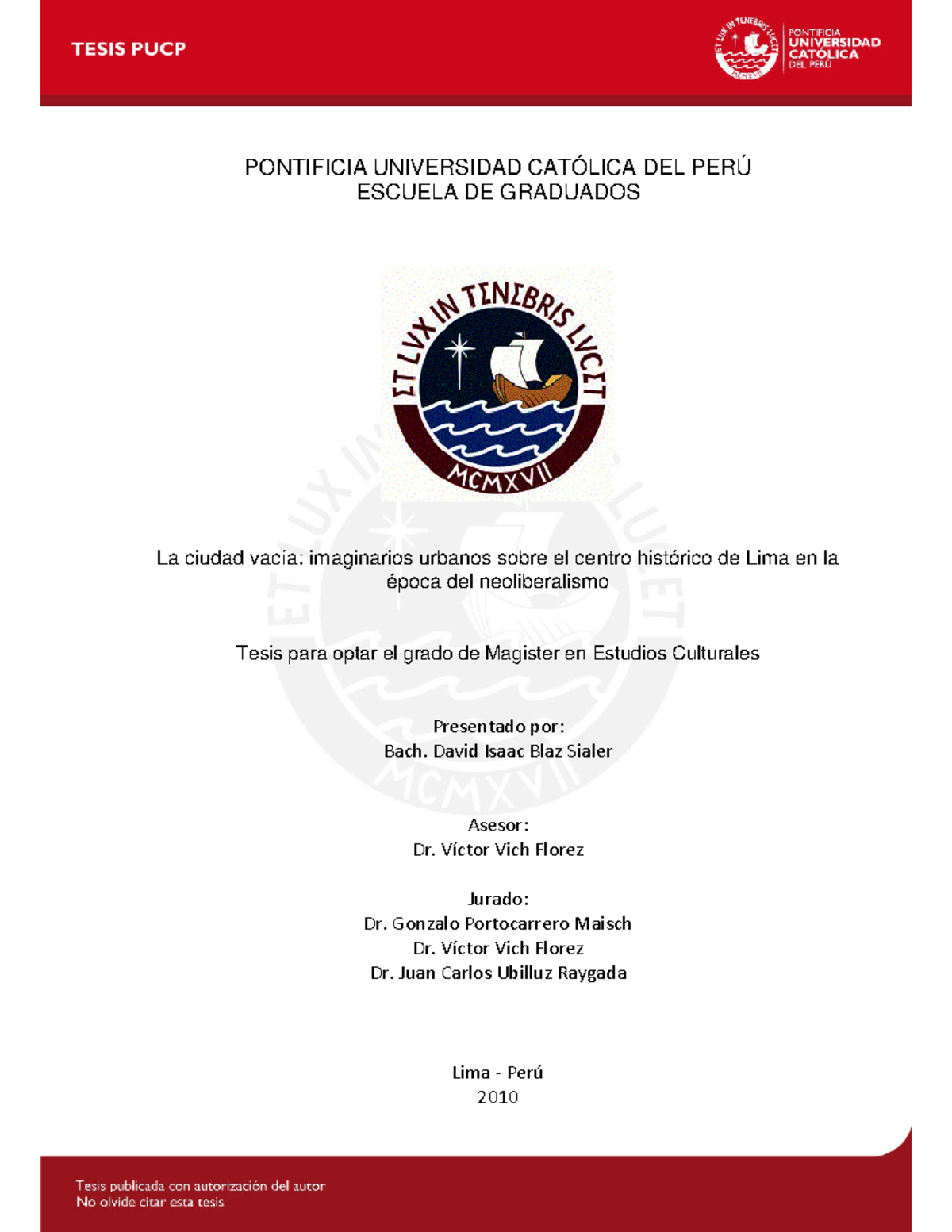 BLAZ Sialer David Ciudad Vacia - PONTIFICIA UNIVERSIDAD CATÓLICA DEL ...