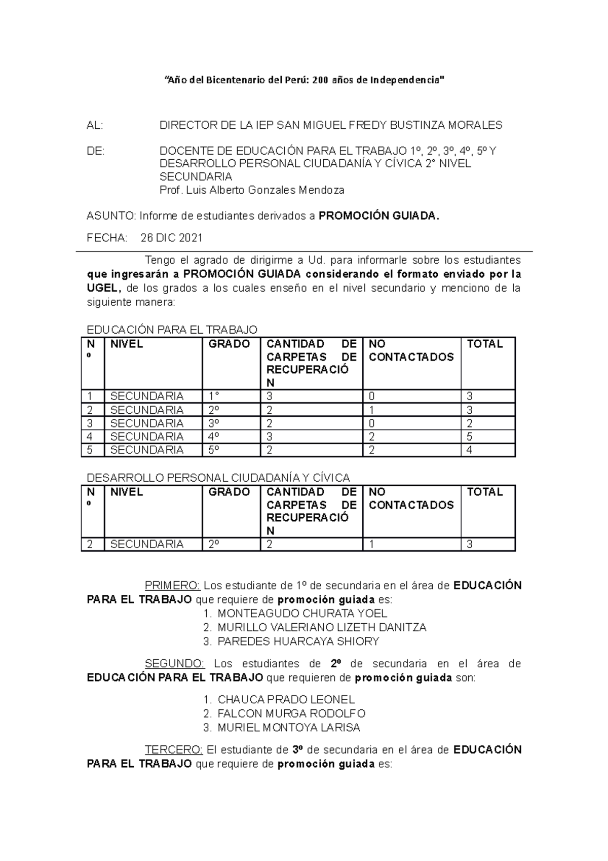 Informe de estudiantes en recuperación 2021 - “Año del Bicentenario del ...
