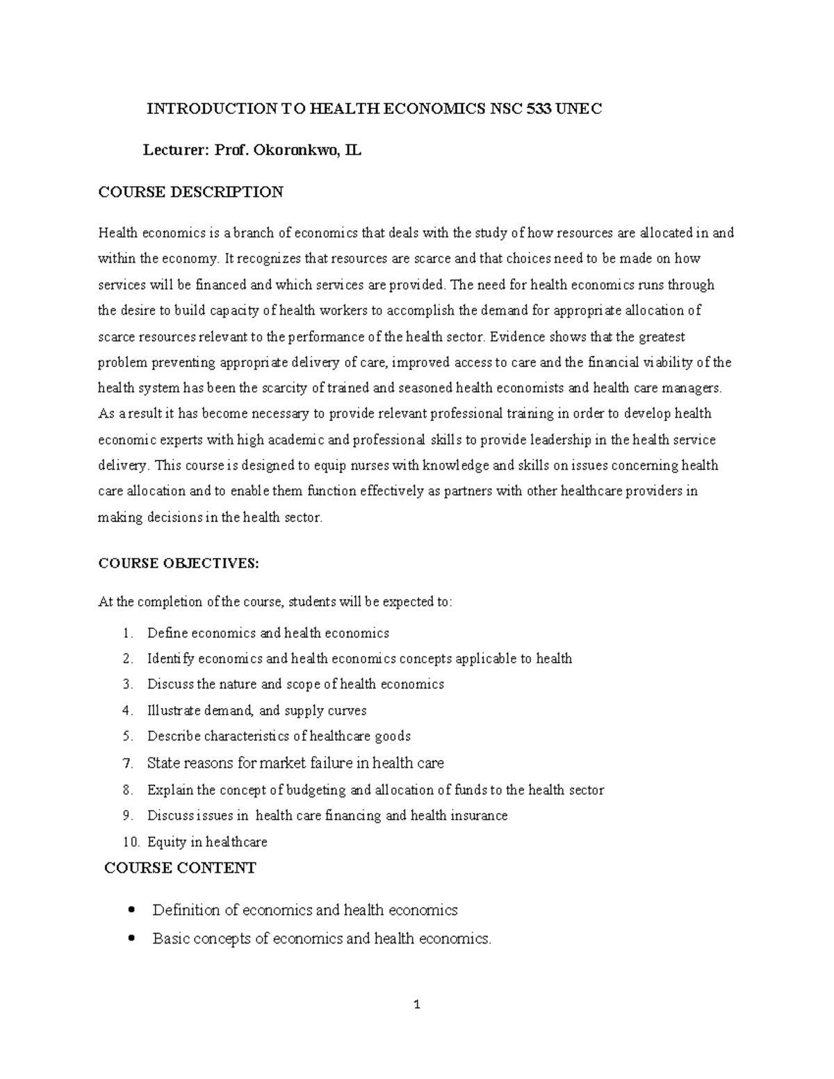 Introduction TO Health Economics NSC 533 Course Content and Lecture 1-1 ...