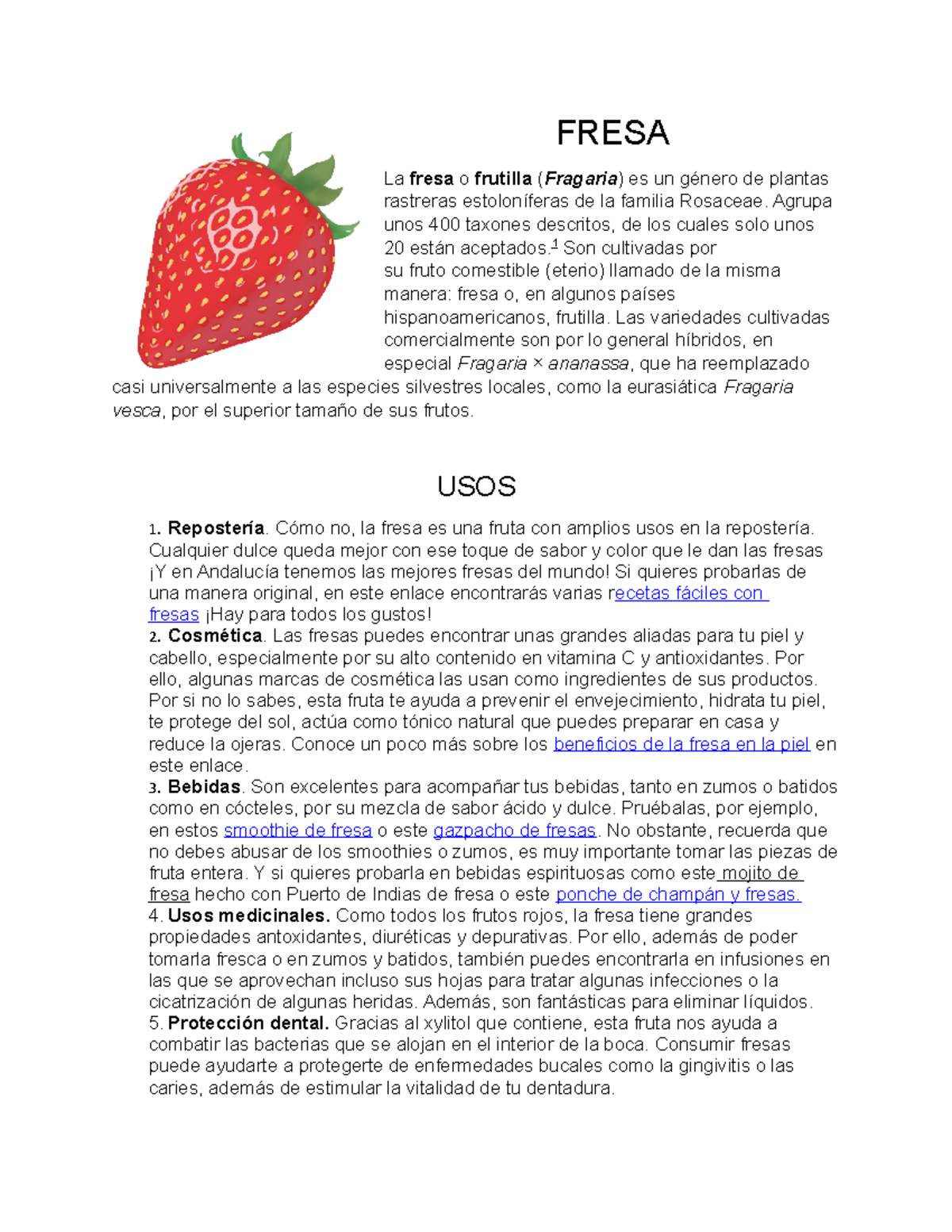 Clasificacion de alimentos - FRESA La fresa o frutilla (Fragaria) es un ...