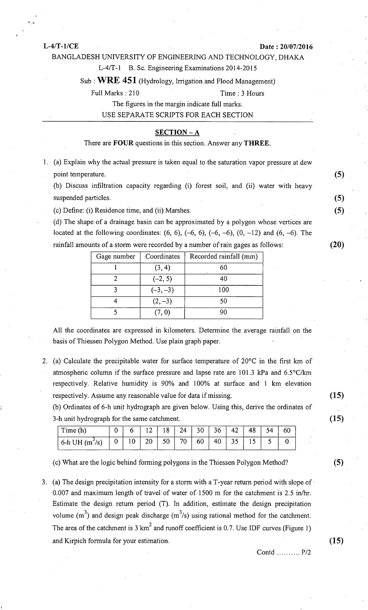 Exam 2015 Questions L 4 T lICE D Ate 20107 BA N G LA D ESH U N IV ERSITY O F EN G IN EERIN