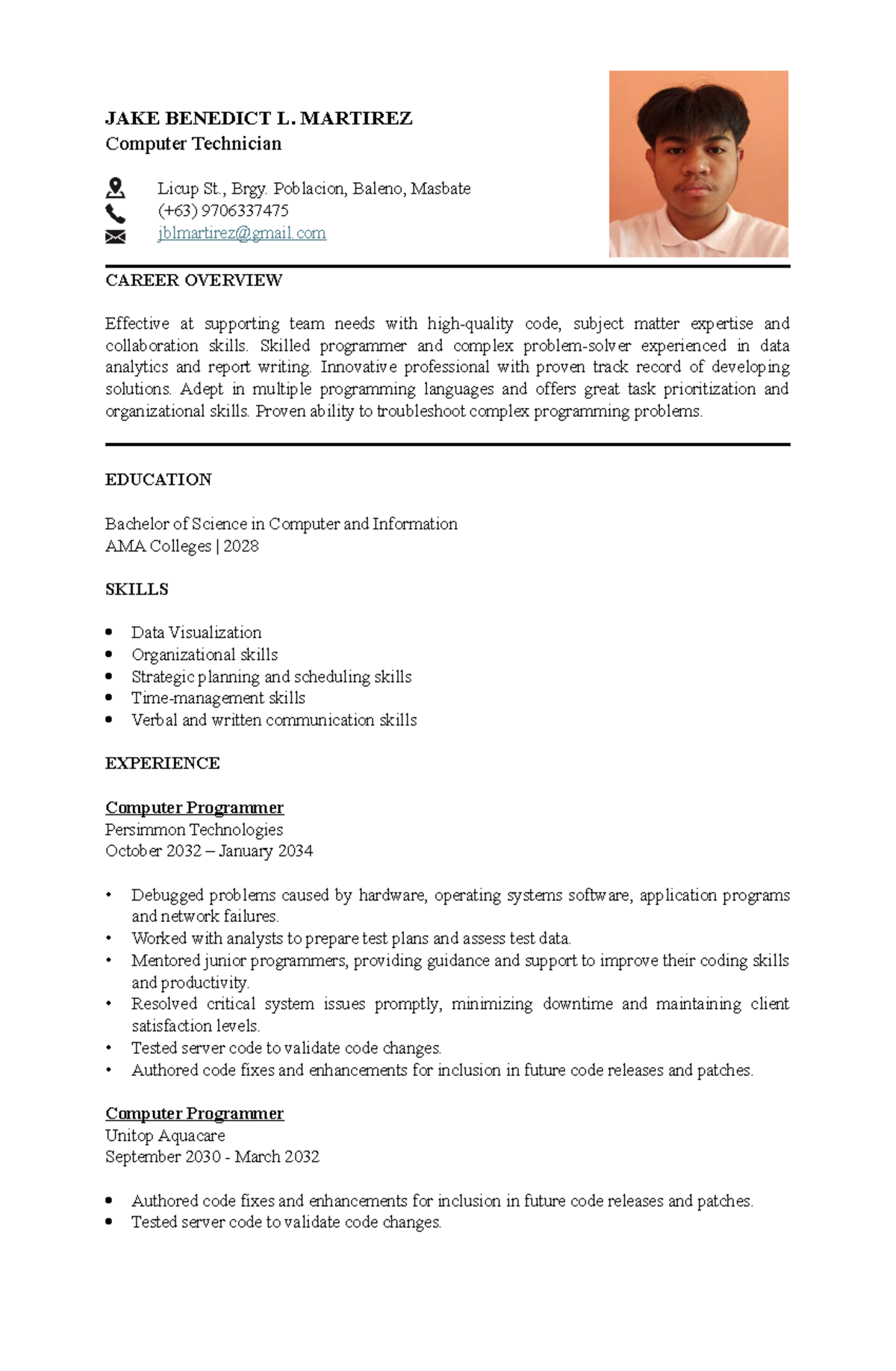 JAKE Benedict Resume - JAKE BENEDICT L. MARTIREZ Computer Technician Licup St., Brgy. Poblacion ...