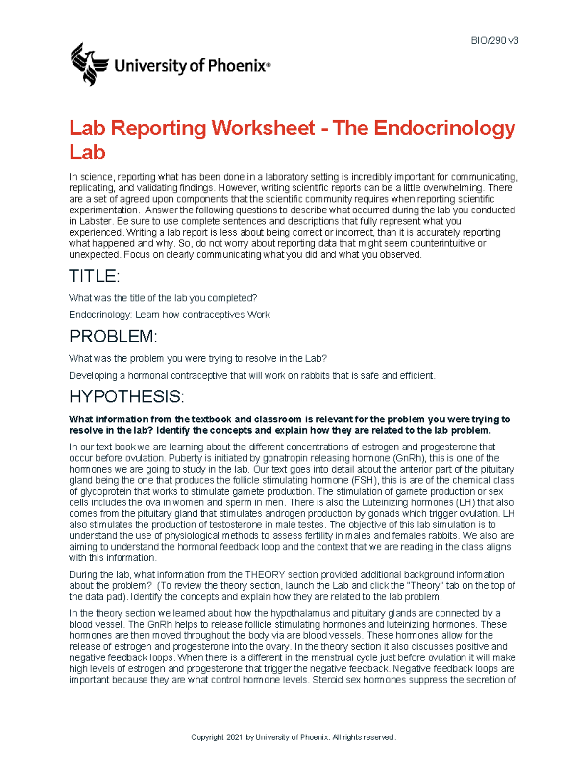 BIO 290 Week 7 LAB Report - BIO/290 v Lab Reporting Worksheet - The ...