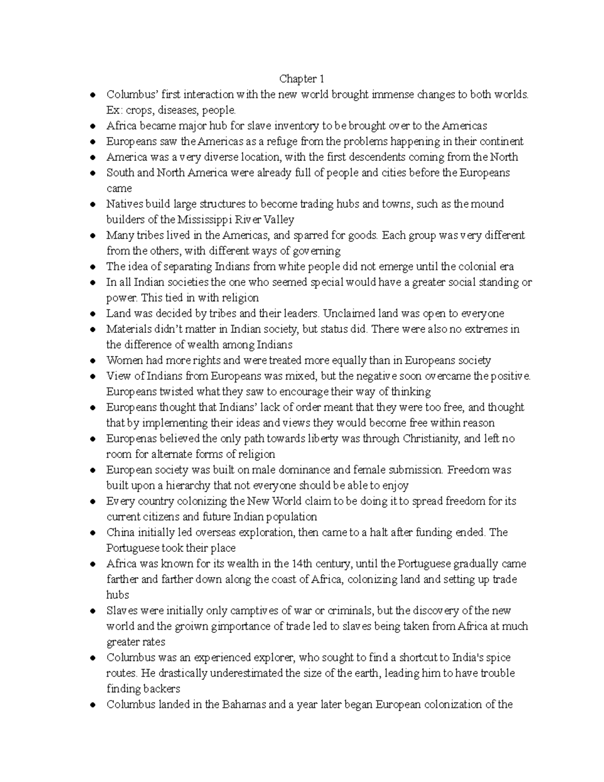 Summer Notes Chapter 1-3 - Chapter 1 Columbus’ first interaction with ...
