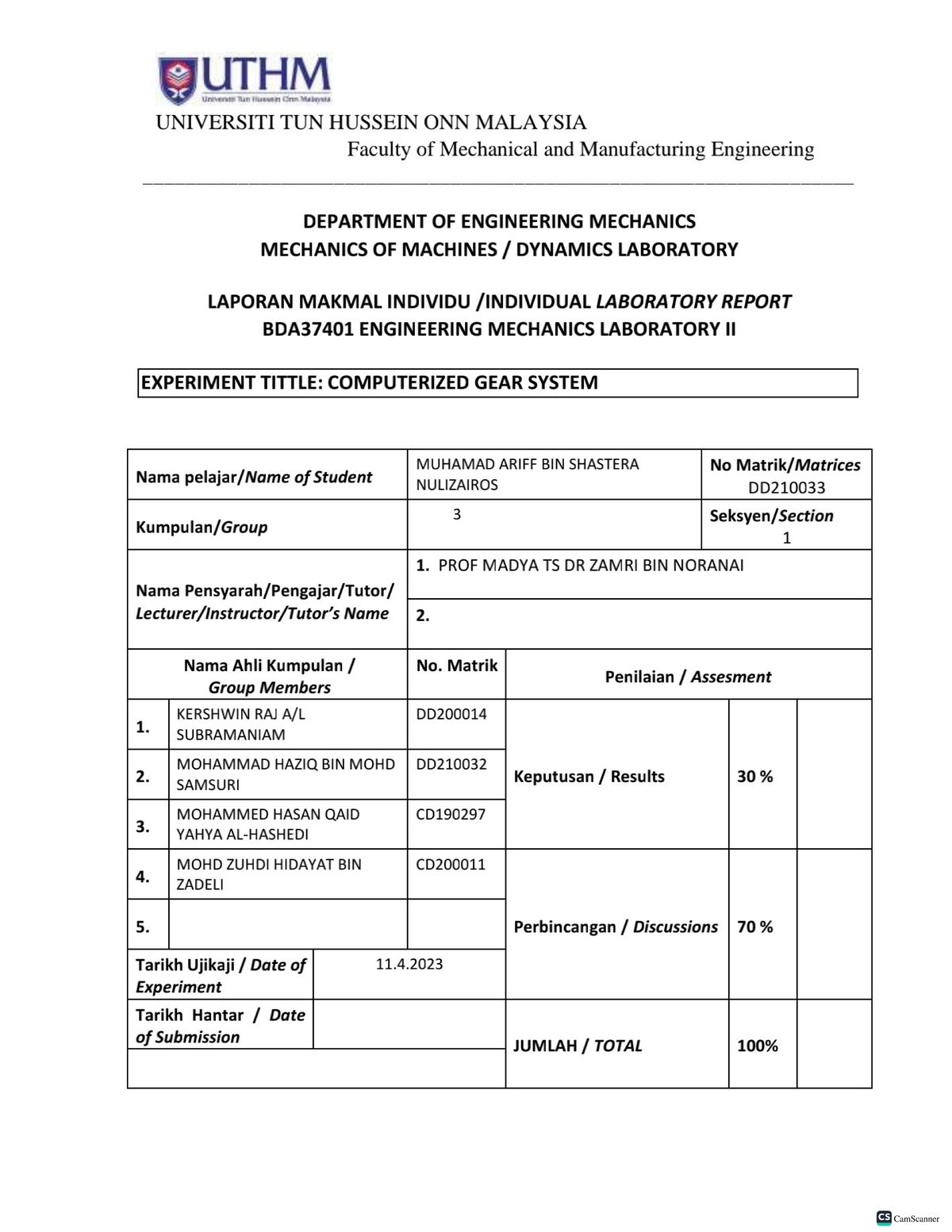 DD210033 LAB 3 Computerized GEAR System - Mechanical Engineering - Studocu