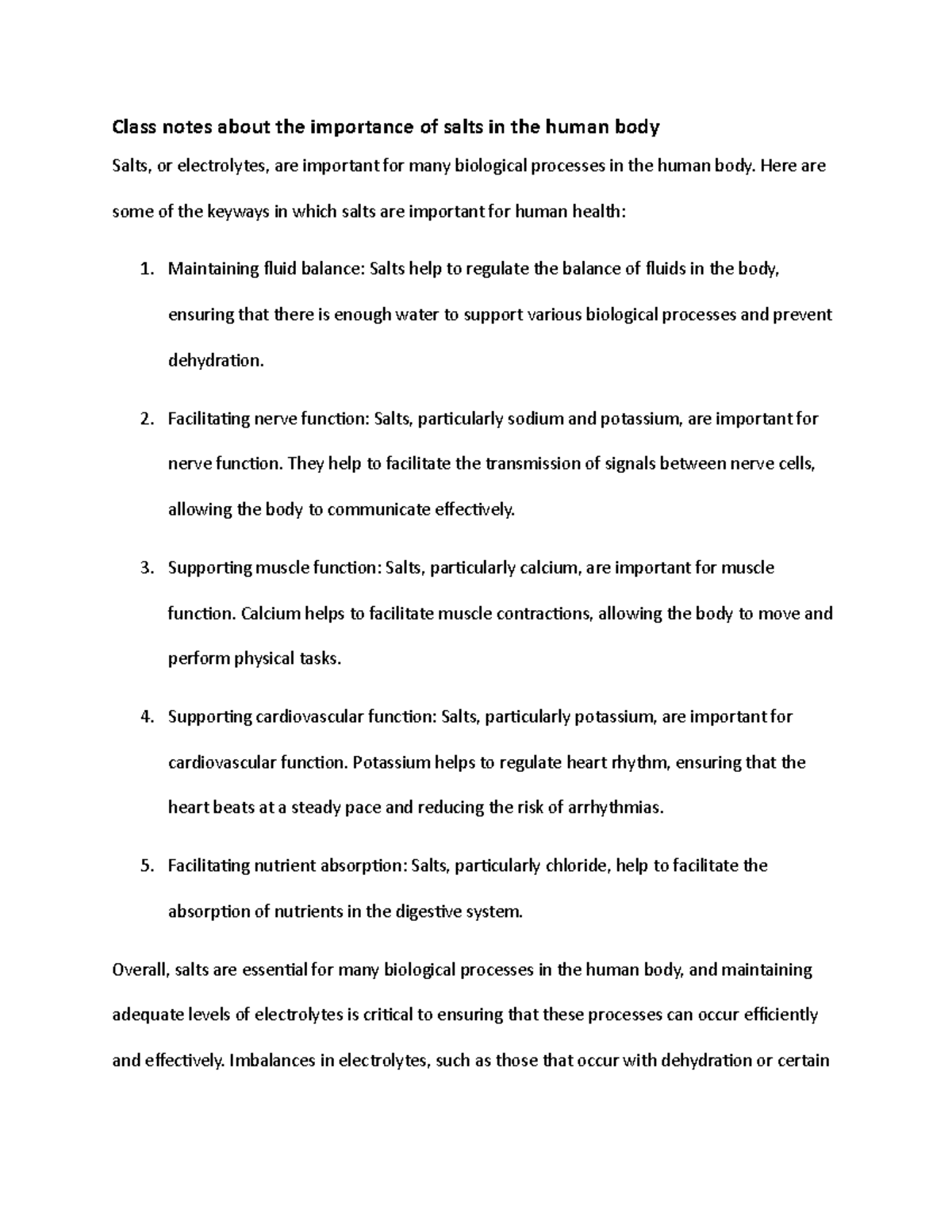 Class notes about the importance of salts in the human body - Here are ...