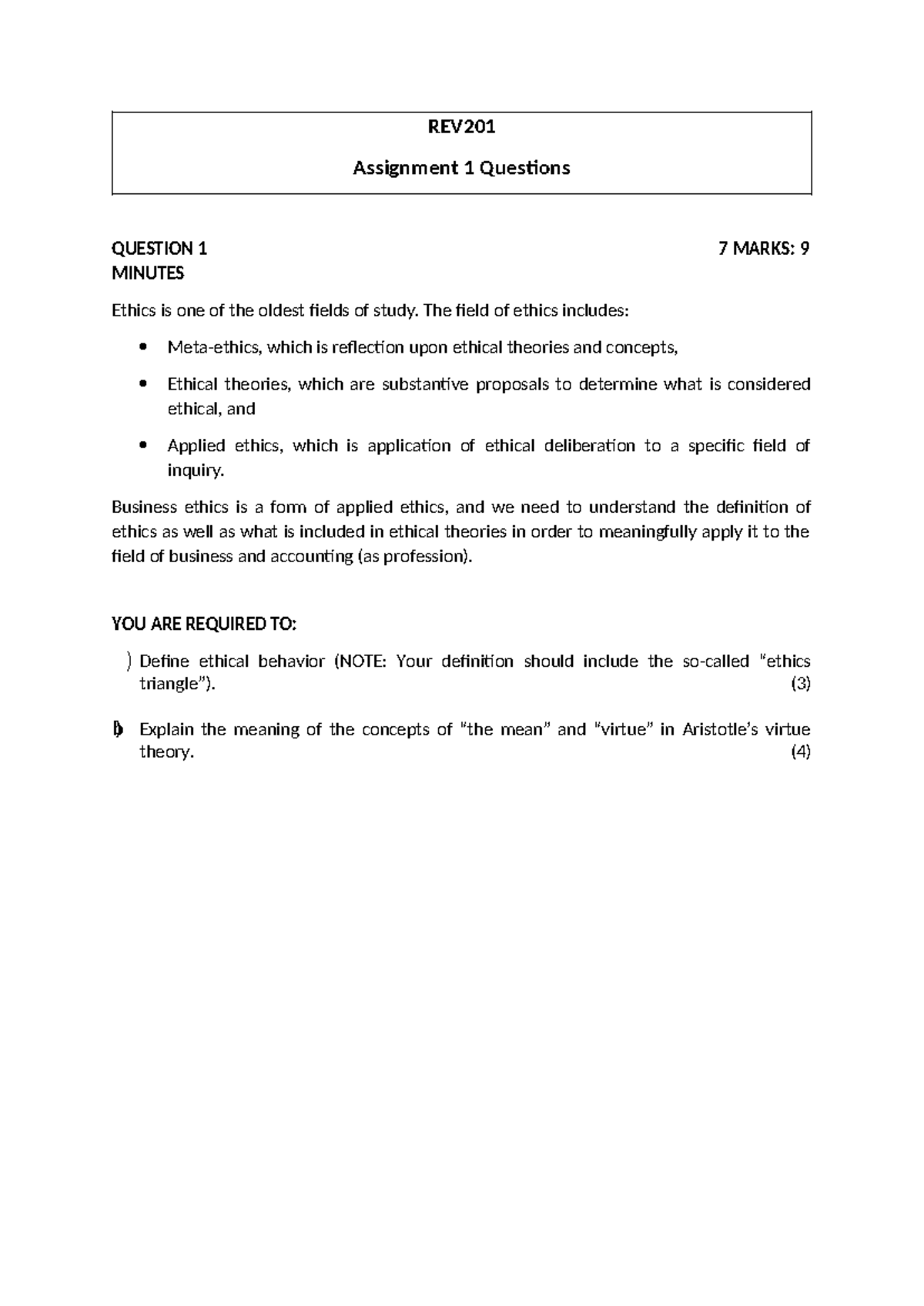 Assignment 1 - Questions - REV Assignment 1 Questions QUESTION 1 7 ...