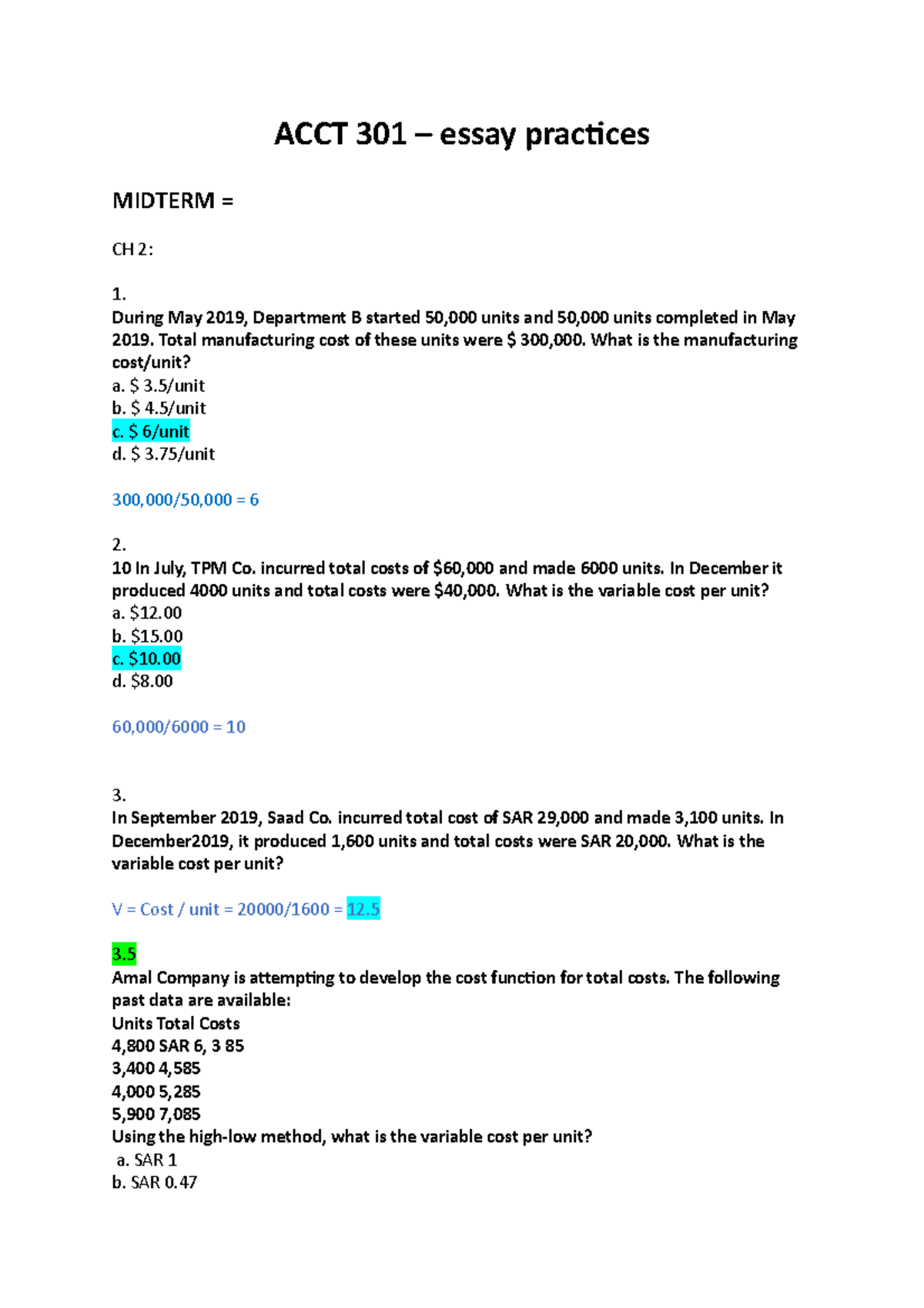 Acct301 - practices - word format to do your own Practice. - ACCT 301 ...