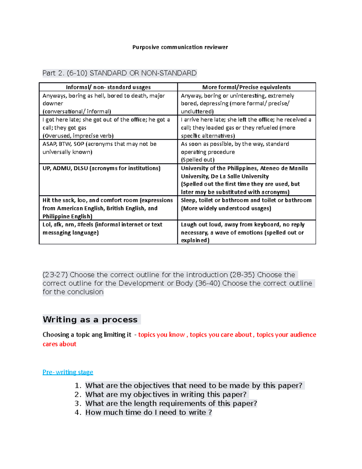 Purposive Communication Reviewer 6 10 STANDARD OR NON STANDARD