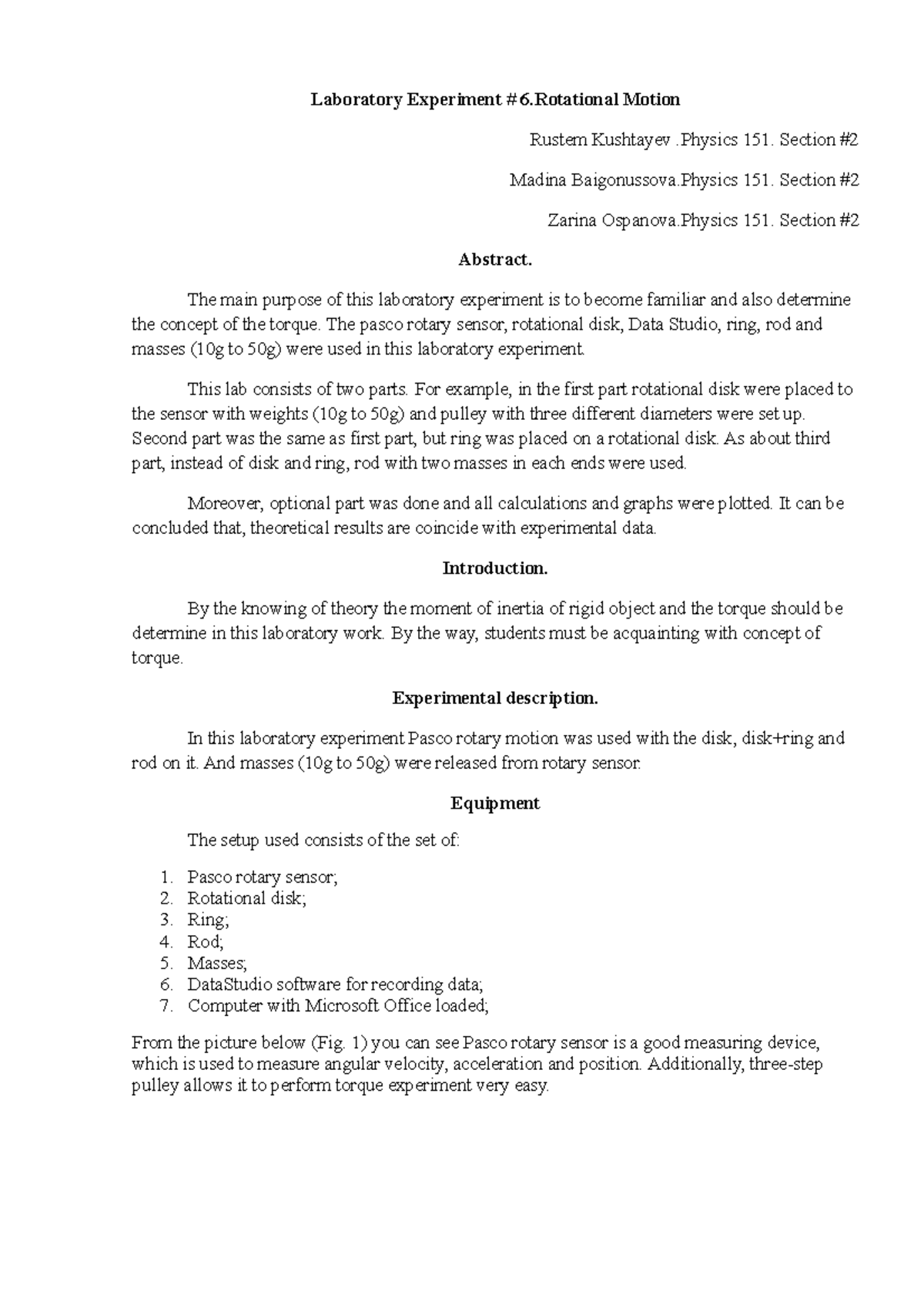 Laboratory Experiment 6 Rotational Motio - Laboratory Experiment # 6 ...