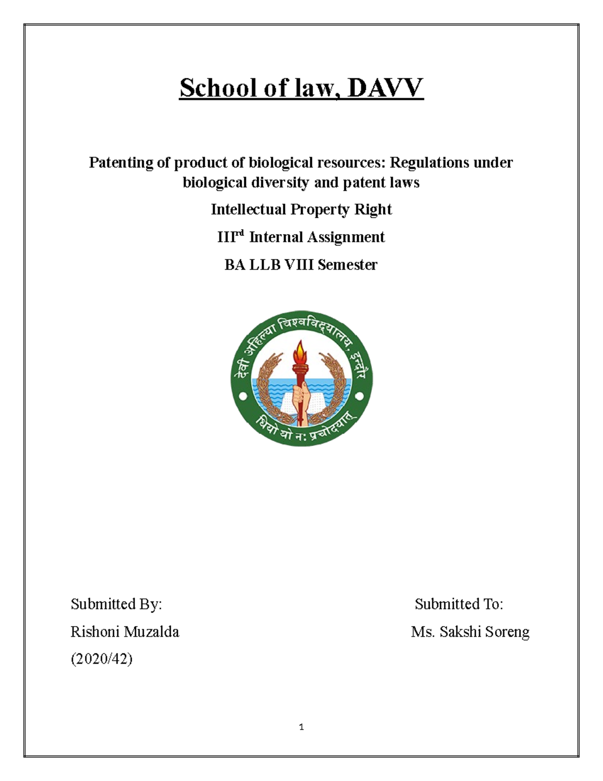 research paper on subject IPR - School of law, DAVV Patenting of ...