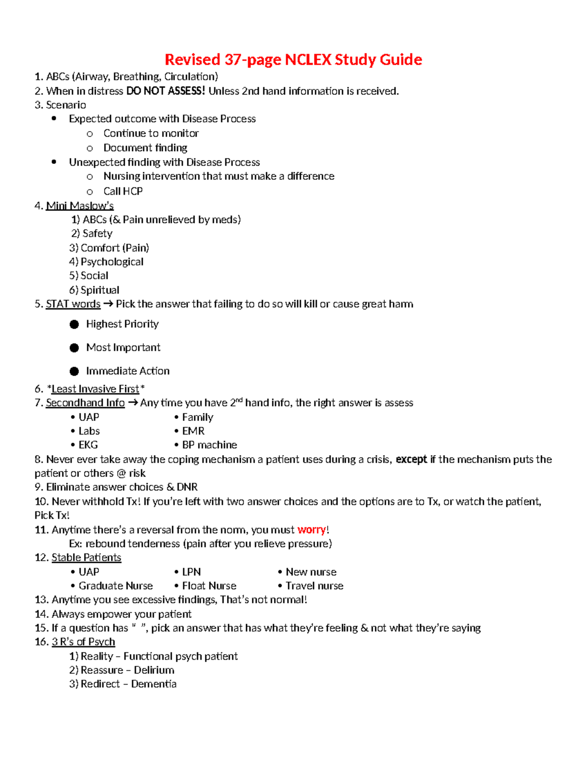 37 Page Revised Nclex - Revised 37-page NCLEX Study Guide 1. ABCs ...