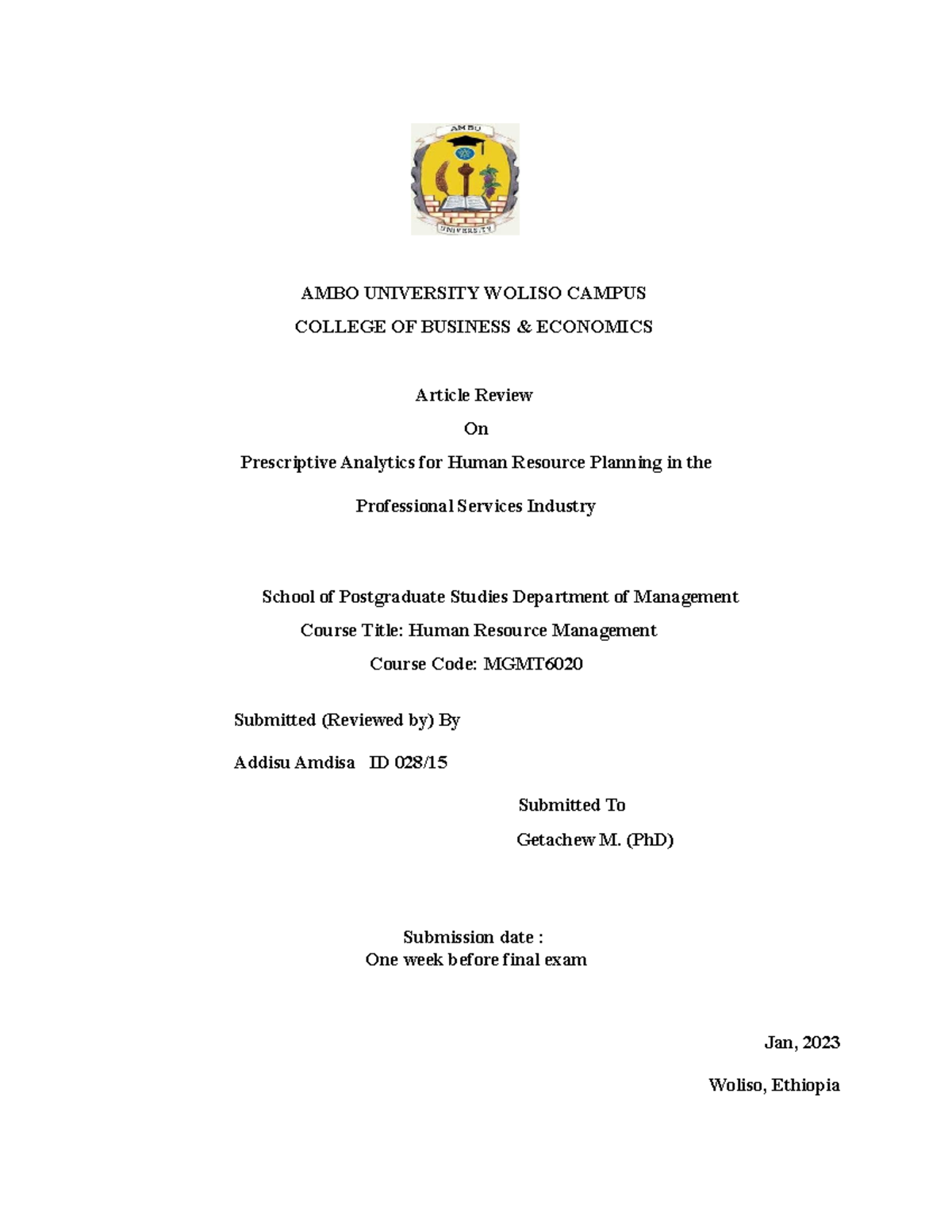 Adsu - Review article - AMBO UNIVERSITY WOLISO CAMPUS COLLEGE OF ...