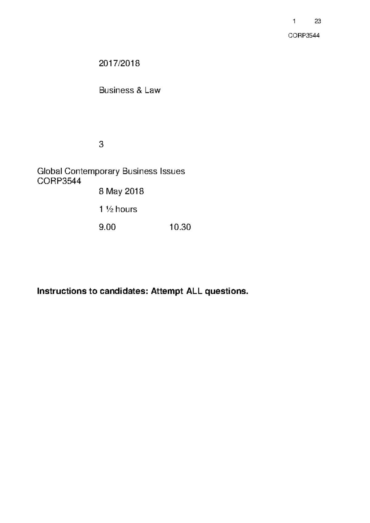 CORP3544 2018 Exam - CORP 2017/ Business & Law 3 Global Contemporary ...