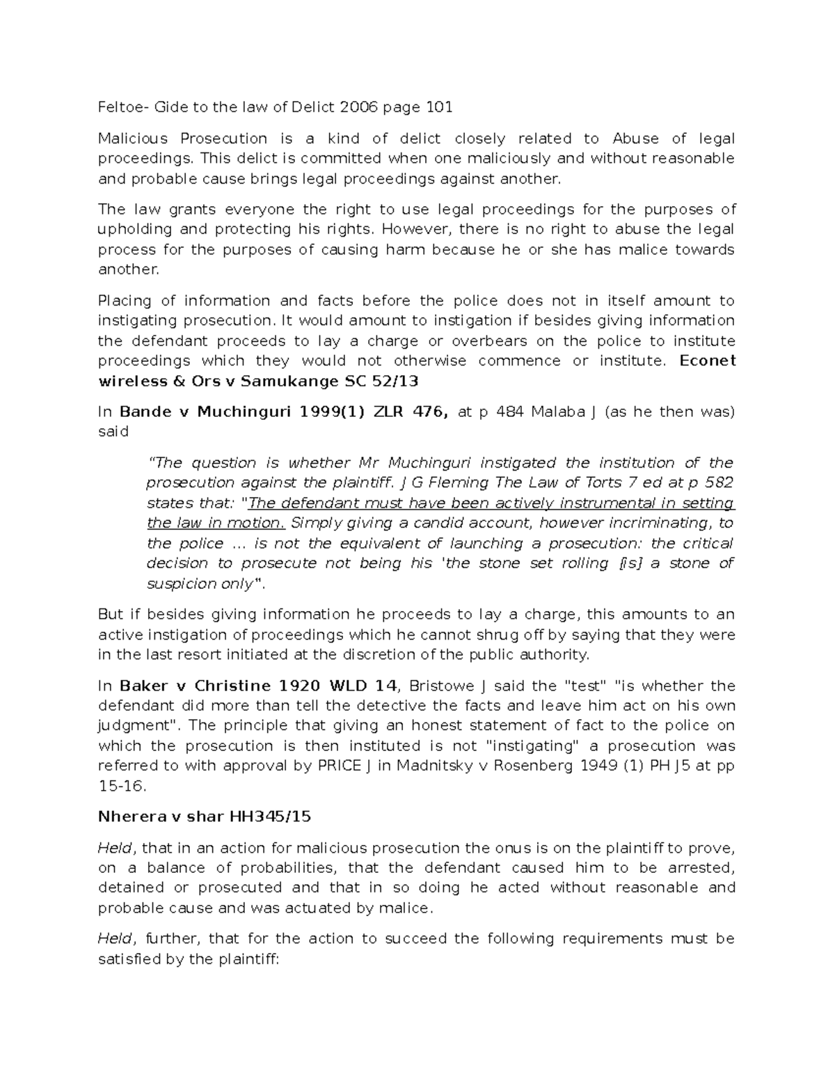 Research Malicious Prosecution - Feltoe- Gide to the law of Delict 2006 ...