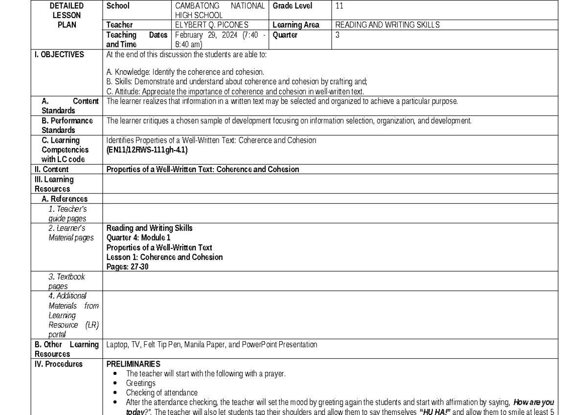 Lesson PLAN 2 - DETAILED LESSON PLAN School CAMBATONG NATIONAL HIGH ...