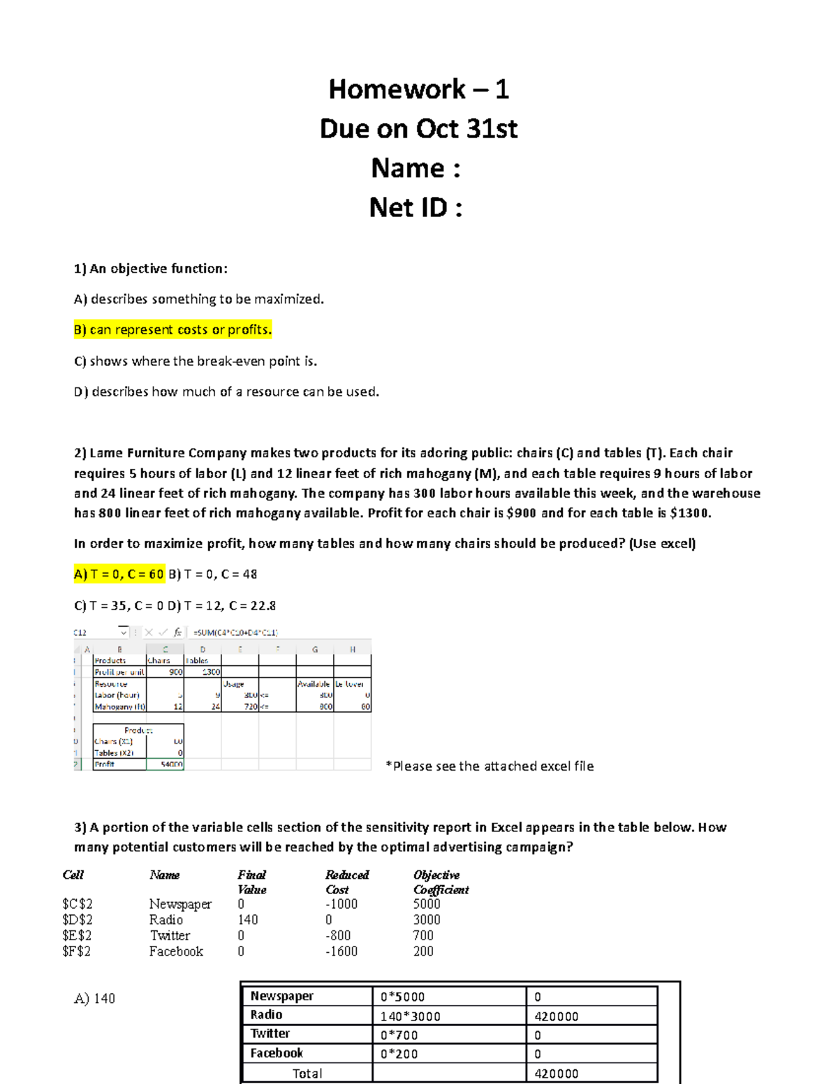 POM Homework - 1 - Exam review - Homework – 1 Due on Oct 31st Name : Net ID : 1) An objective ...
