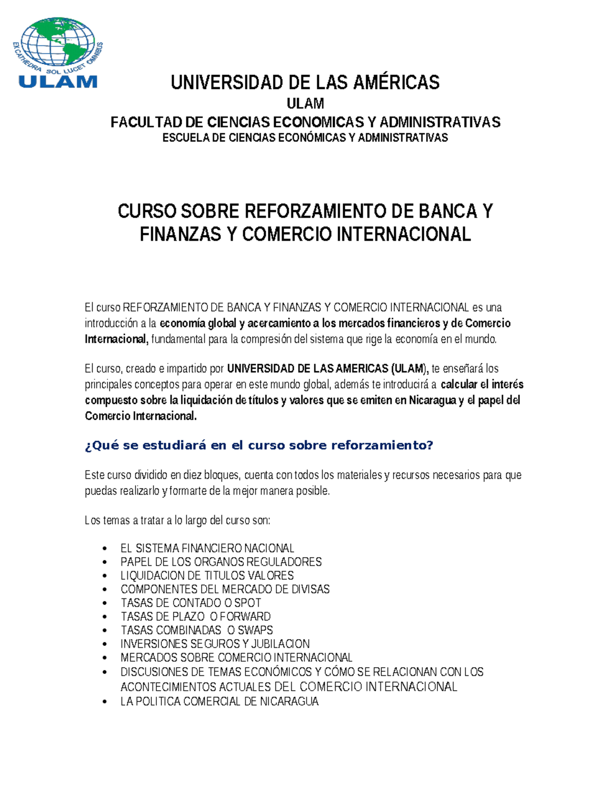 Material DE Apoyo PARA EL Curso DE Reforzamiento Financieros Y DE Comercio Internacional ULAM ...