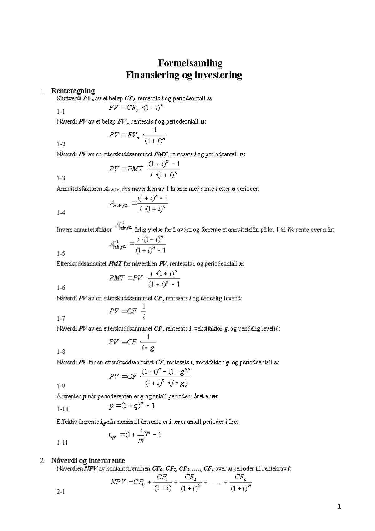 Formelsamling Finans - Finansiering og investeringFormelsamling 1 ...