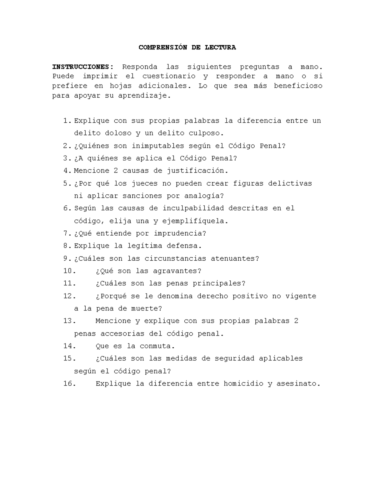 Comprensión DE Lectura - COMPRENSIÓN DE LECTURA INSTRUCCIONES: Responda ...