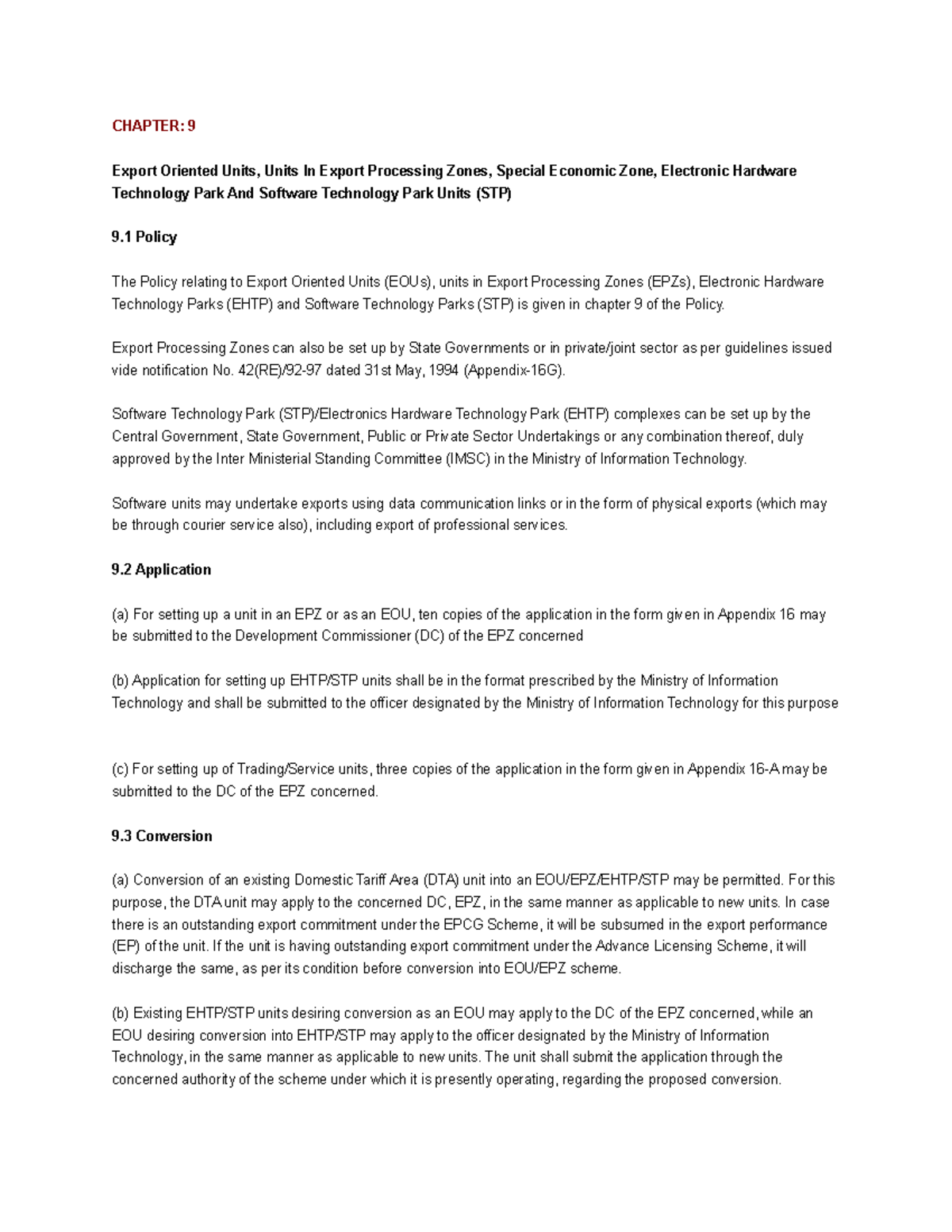 (EPZs), (EHTP) (STP) EOU - CHAPTER: 9 Export Oriented Units, Units In ...