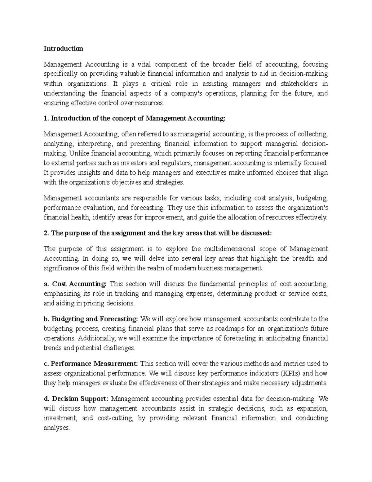 Introduction - Introduction Management Accounting is a vital component ...