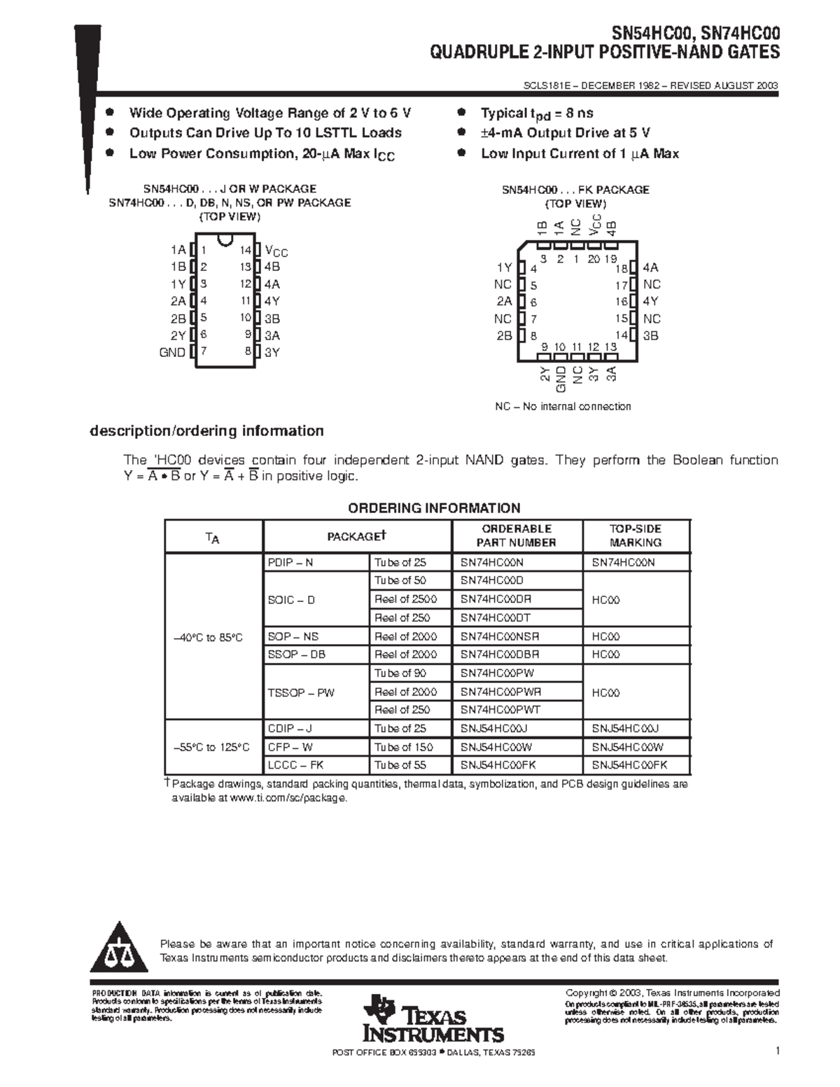 SN74HC00 Datasheet - Quad 2 Input Positive NAND Gates - - Studocu