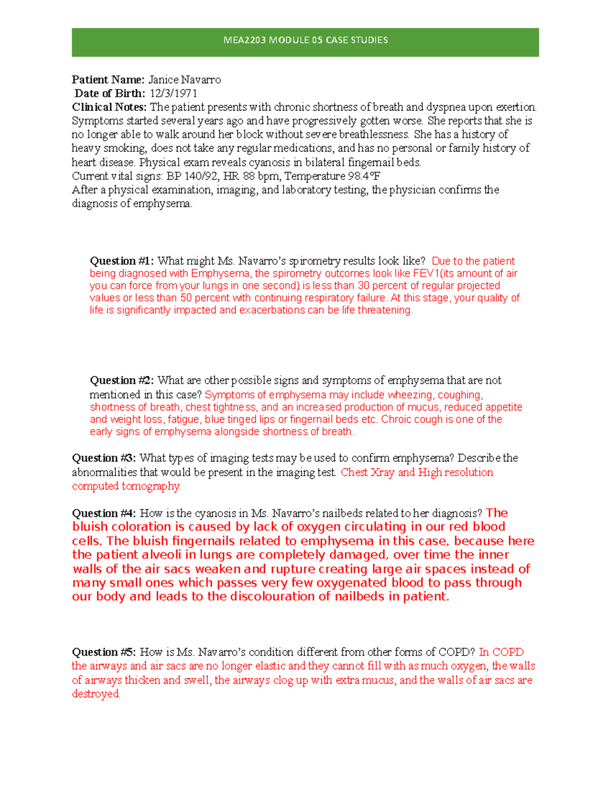 MEA2203 Case Study Assignment Module 05 - Patient Name: Janice Navarro ...