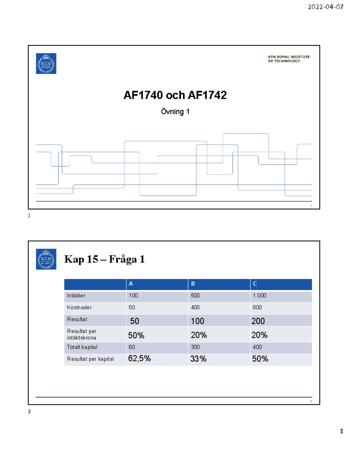 Övning Kostnader och Intäkter - AF1740 och AF Övning 1 1 Kap 15 – Fråga ...