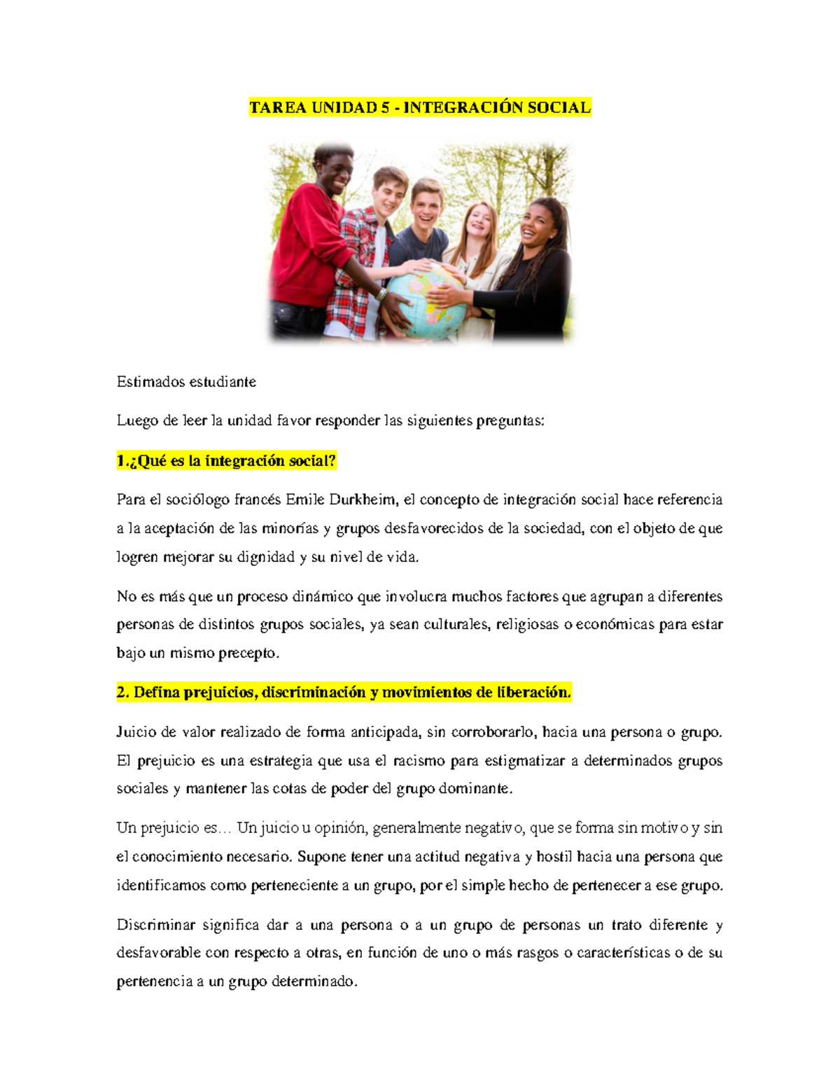 Tarea Unidad 5 - Integración Social - TAREA UNIDAD 5 - INTEGRACIÓN ...
