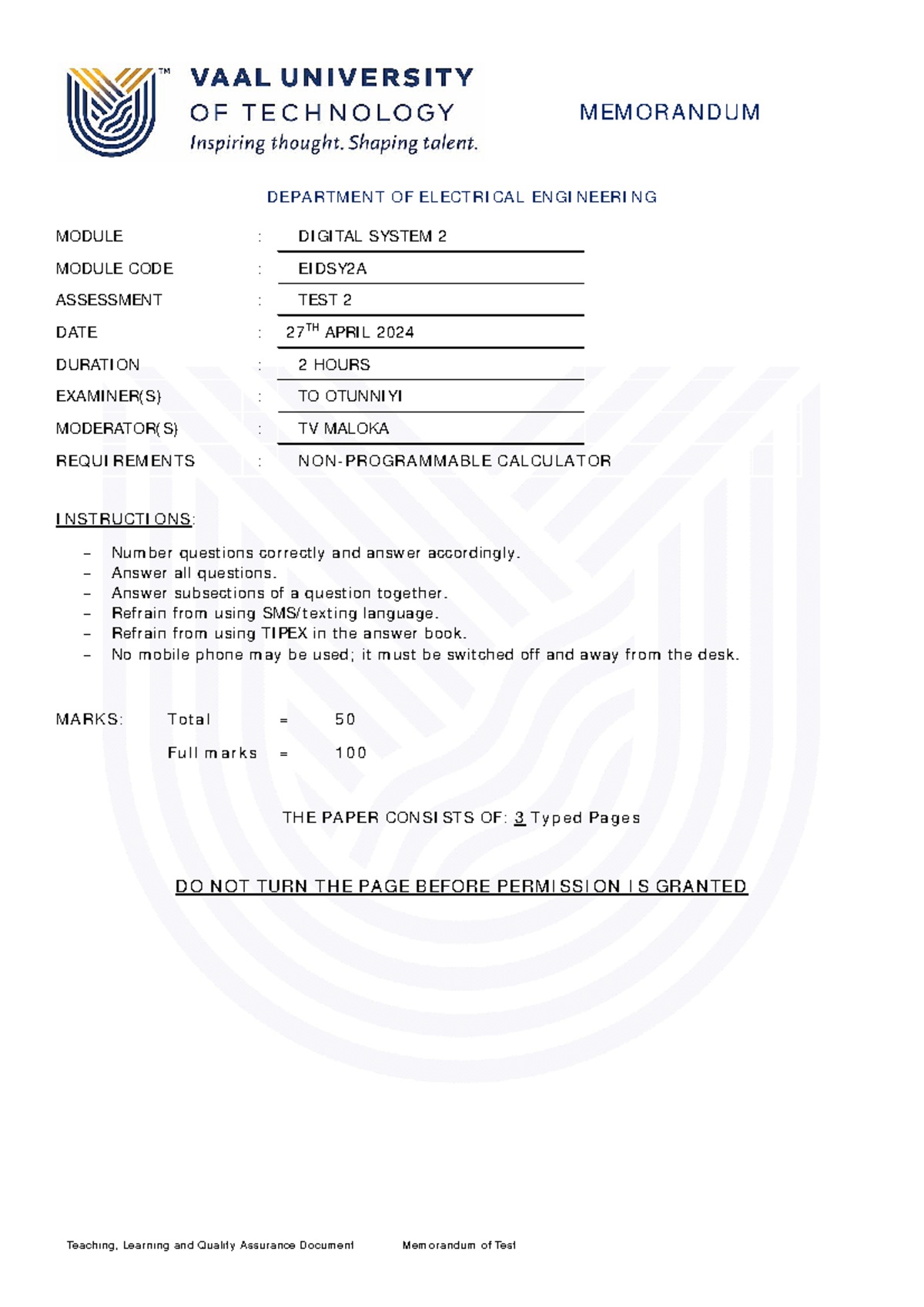 Test 2Memorandum of Test - MEMORANDUM Teaching, Learning and Quality ...