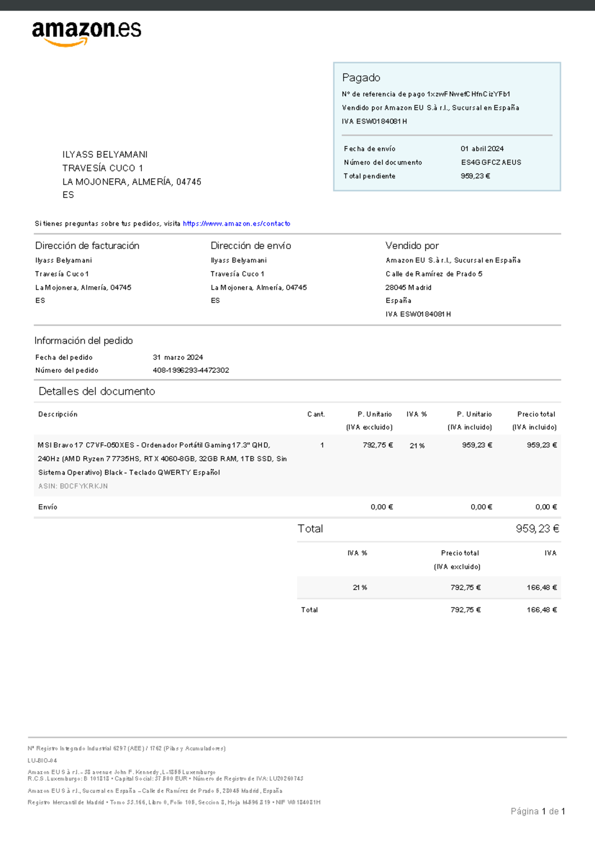 Invoice - sas - Página 1 de 1 Nº Registro Integrado Industrial 6297 ...