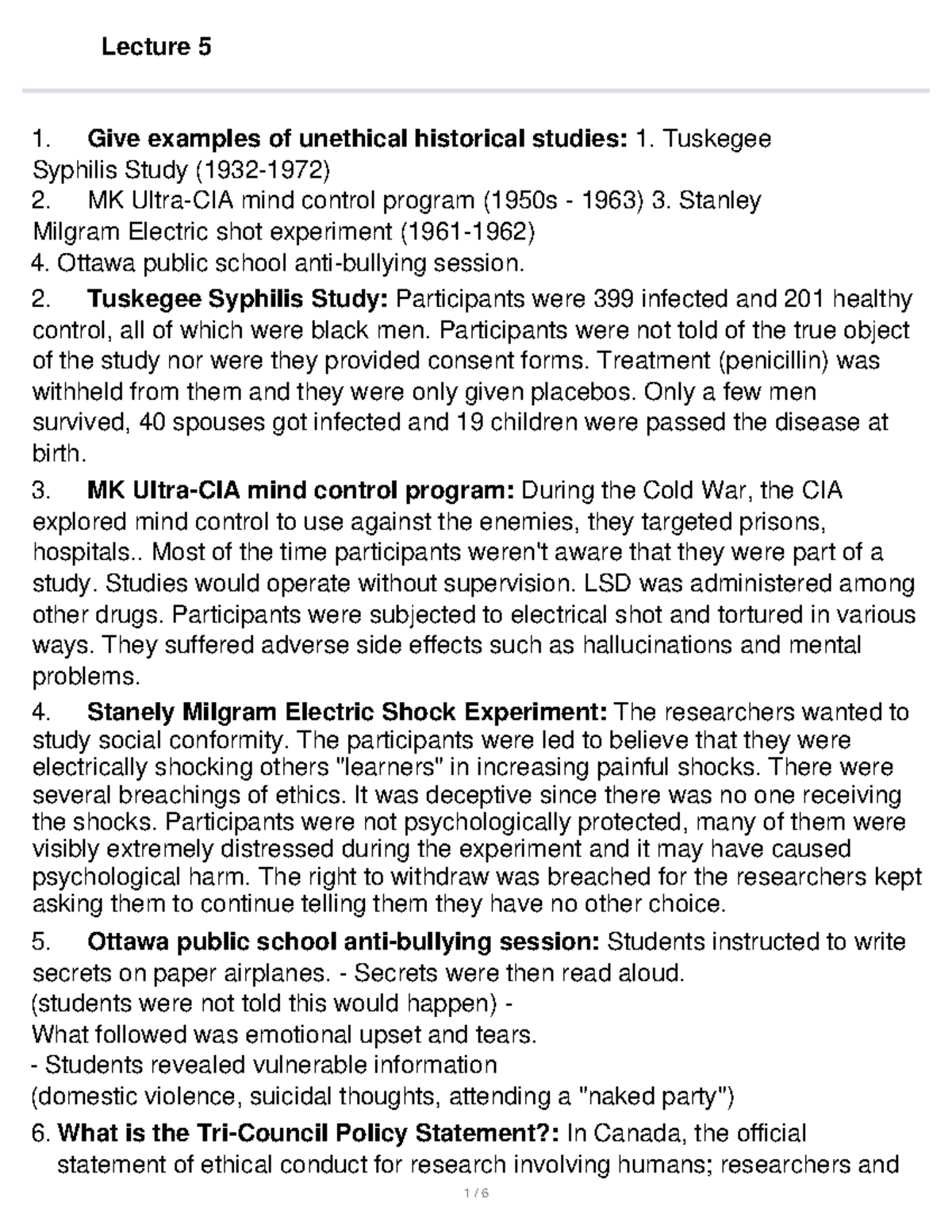 Neur2001 lec5 note - notes - Give examples of unethical historical ...