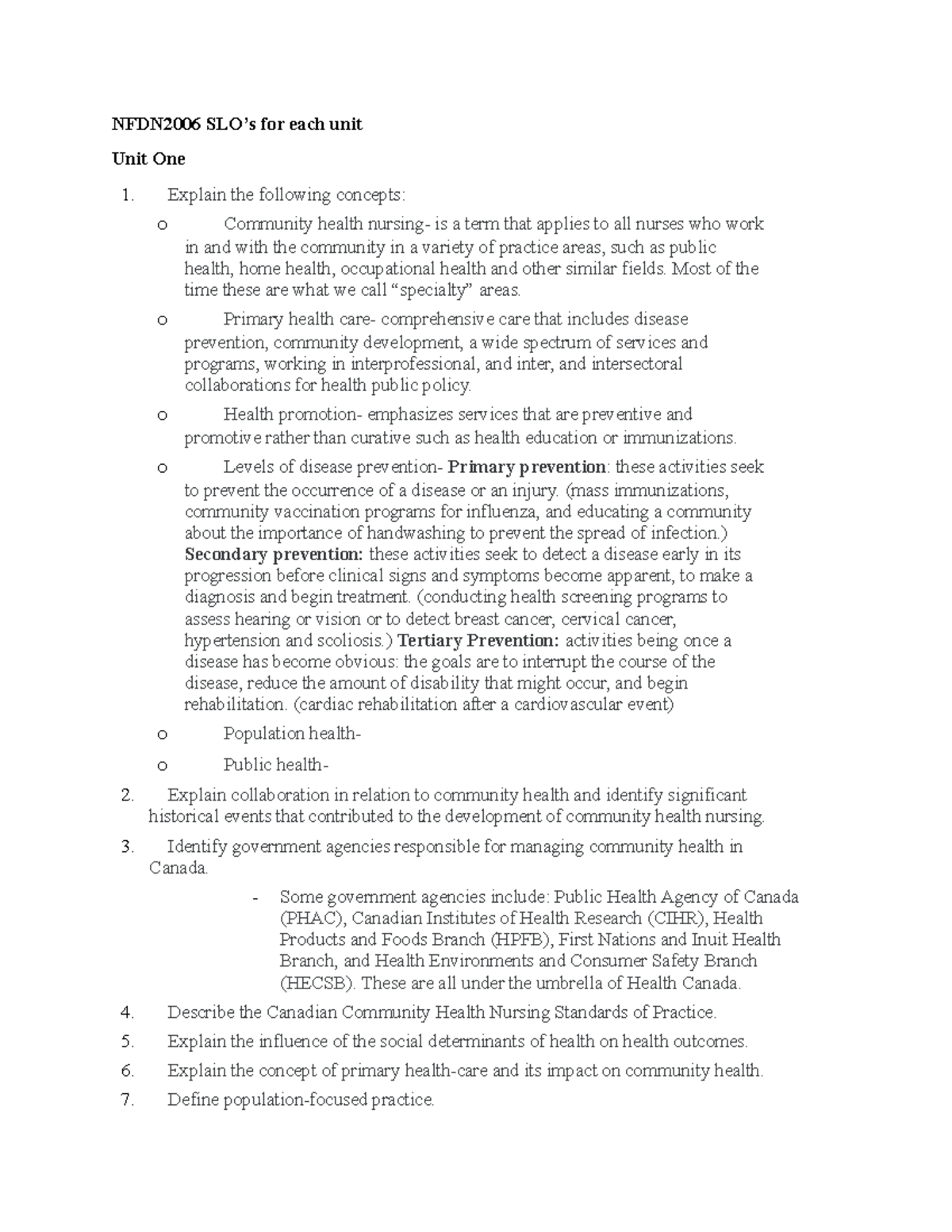 NFDN2006 SLO - NFDN2006 SLO’s for each unit Unit One Explain the ...