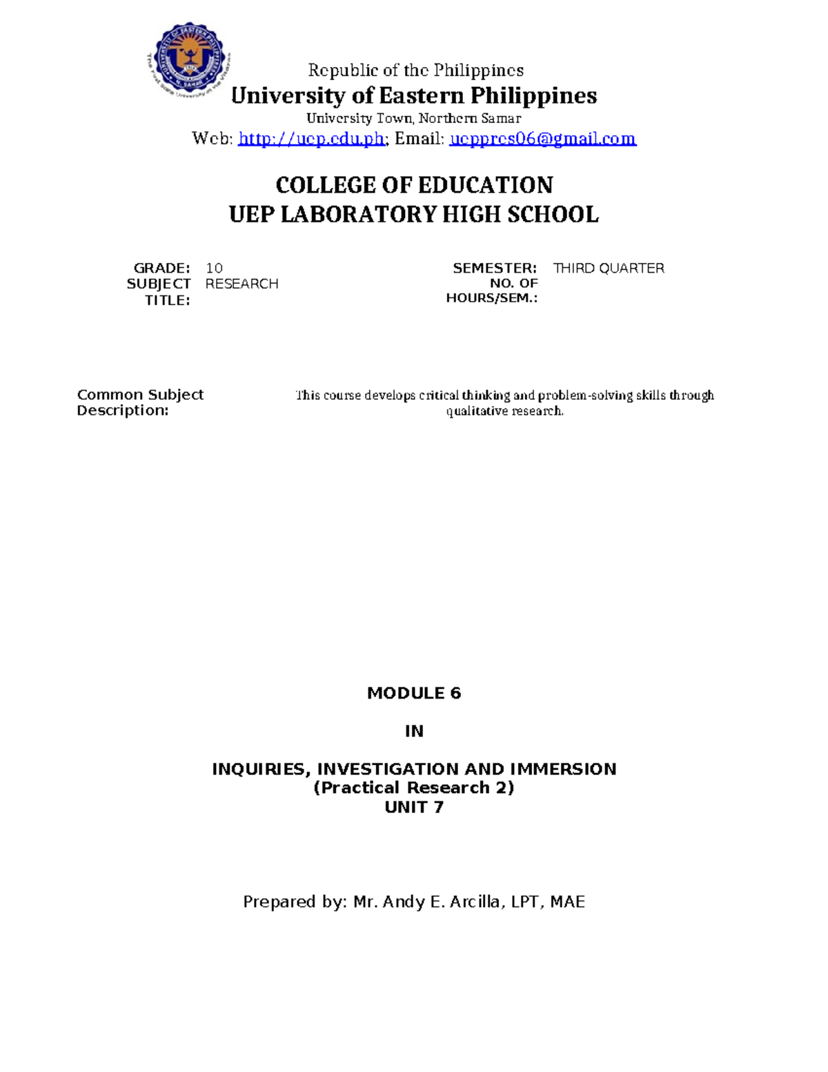 PR2-Module-6 - Republic of the Philippines University of Eastern Philippines University Town ...