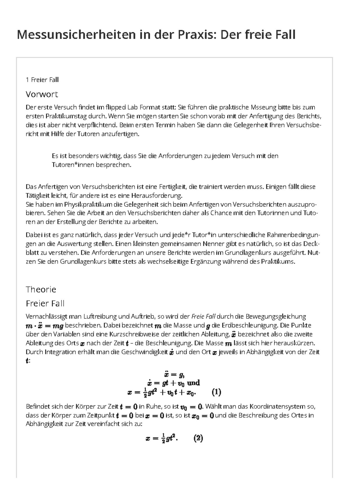 A00 Ilias - Messunsicherheiten in der Praxis: Der freie Fall 1 Freier ...