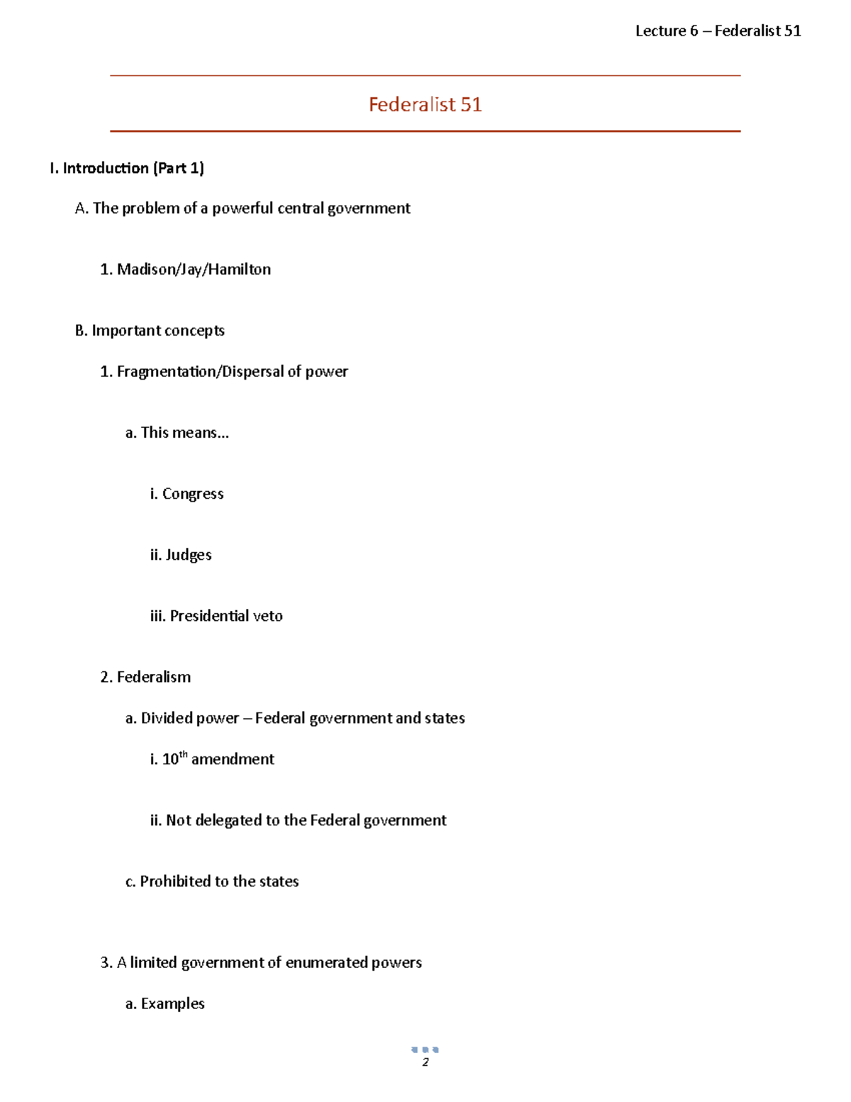 Federalist 51 - Lecture Outline - 21 Fall - Lecture 6 – Federalist 51 ...