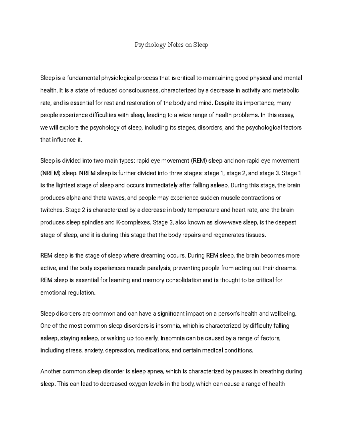 Sleep Notes - Psychology Notes on Sleep Sleep is a fundamental ...