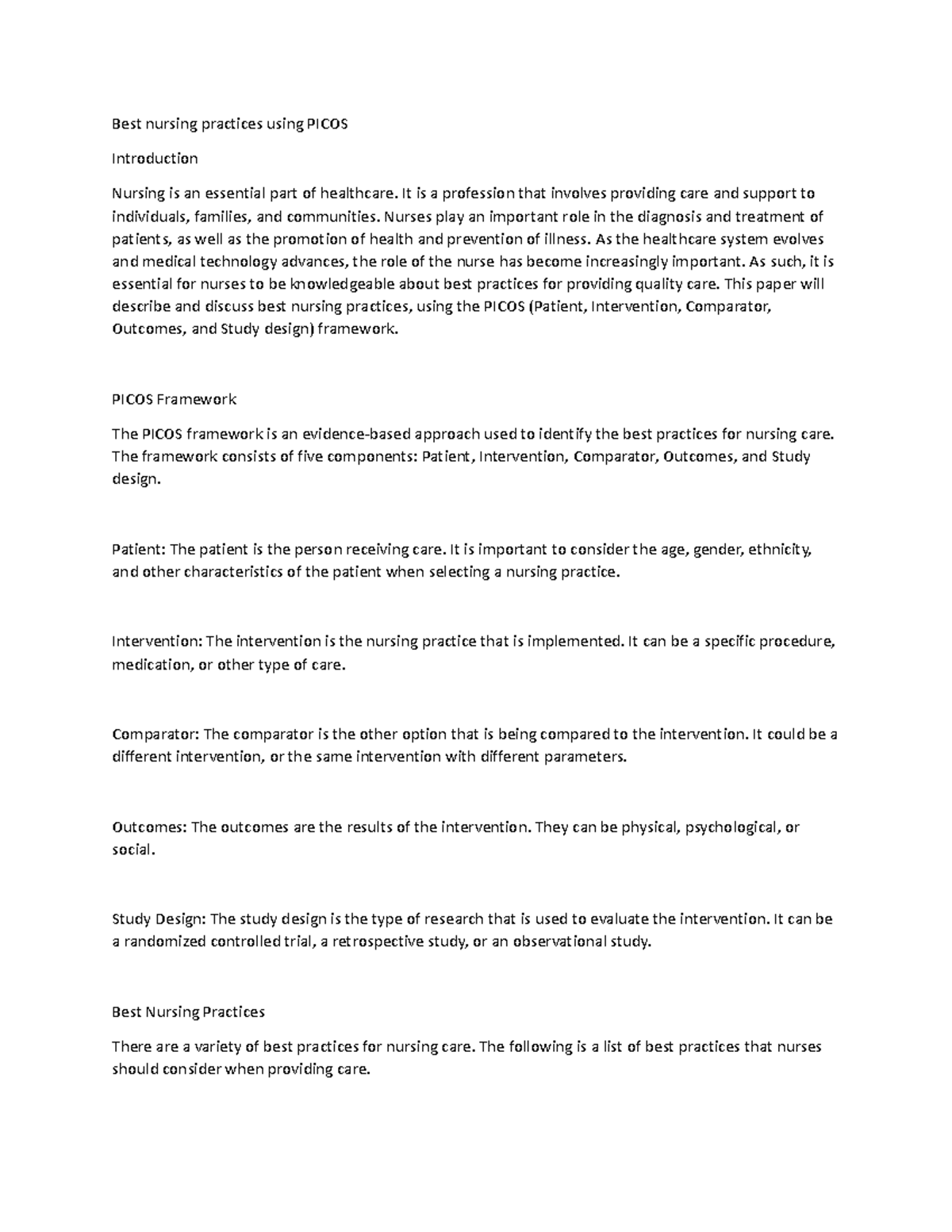 Best nursing practices using Picos - Project Management - UoN - Studocu