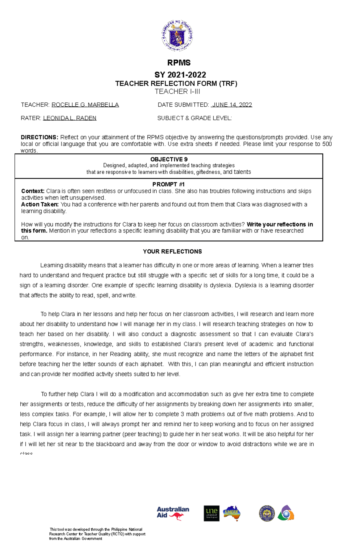 [Appendix 4A] Teacher Reflection Form for T I-III for RPMS SY 2021-2022 ...